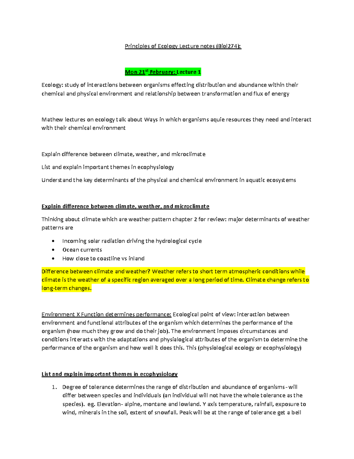 Principles of Ecology Lecture notes (Biol274) - Climate change refers ...