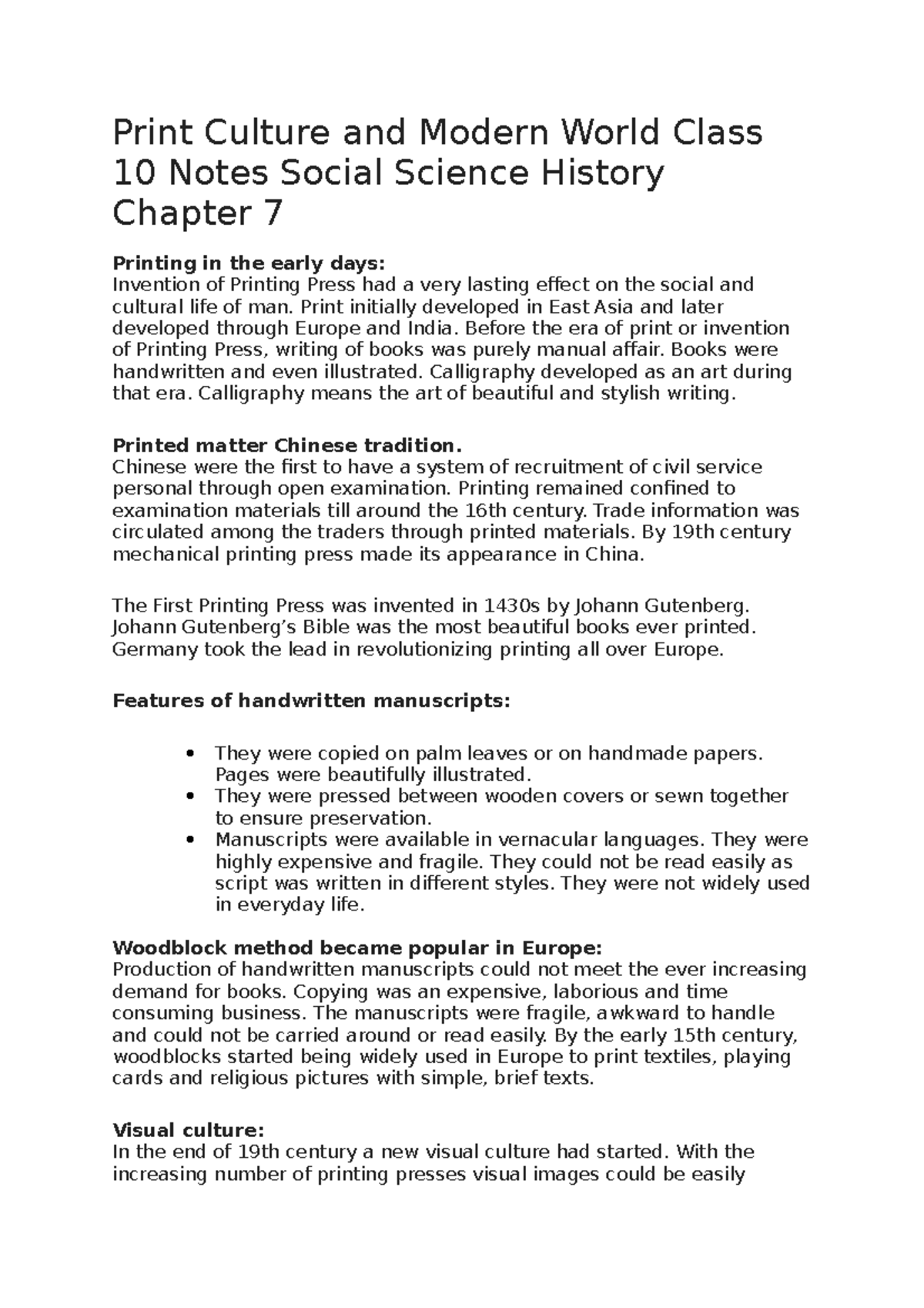 Print Culture and Modern World Class 10 Notes Social Science History ...