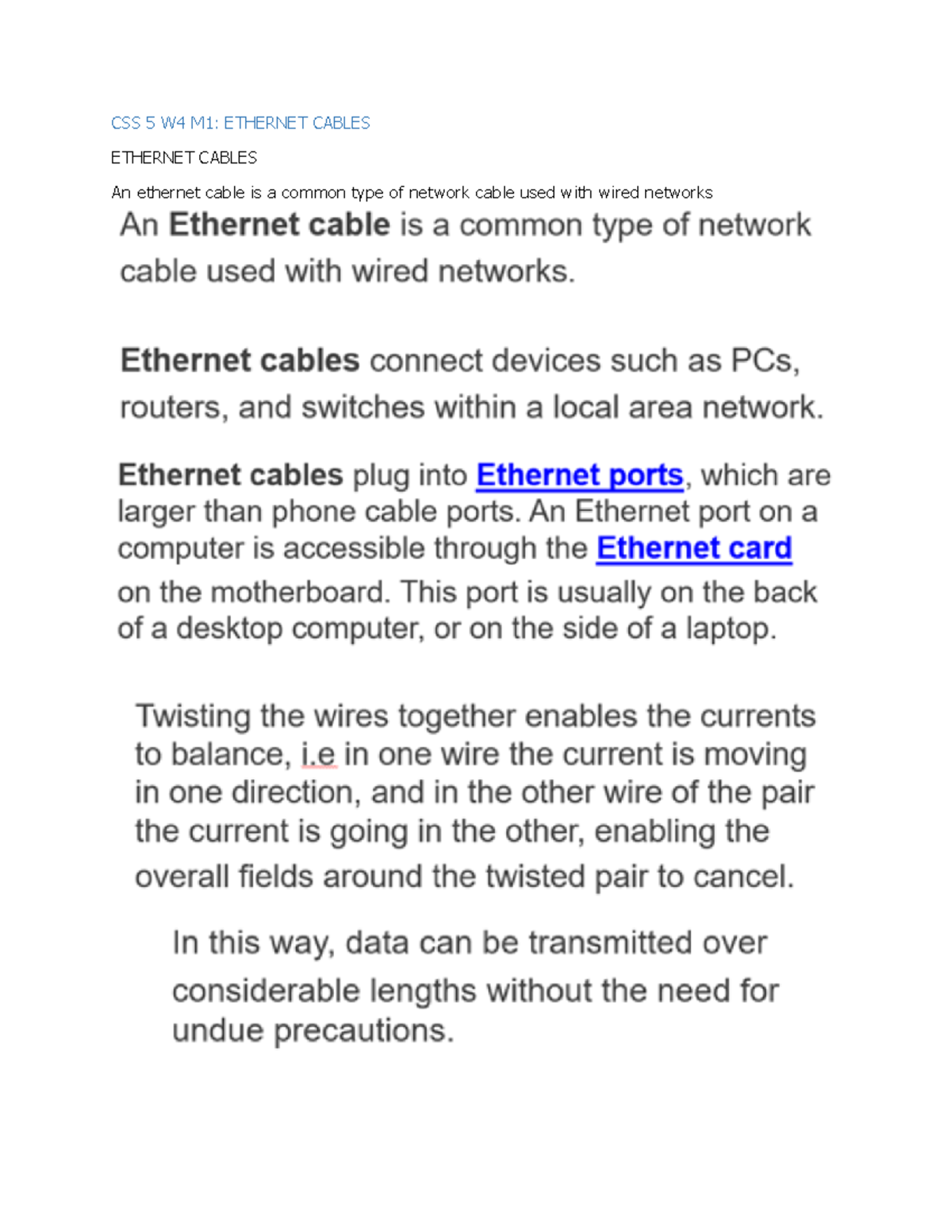 CSS 5 W4 M1 - NOTES - CSS 5 W4 M1: ETHERNET CABLES ETHERNET CABLES An ...