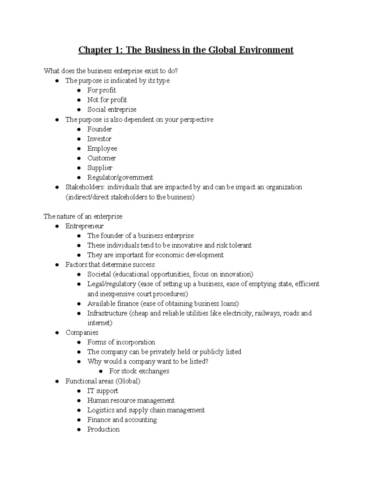 BUS 200 module notes - Chapter 1: The Business in the Global ...