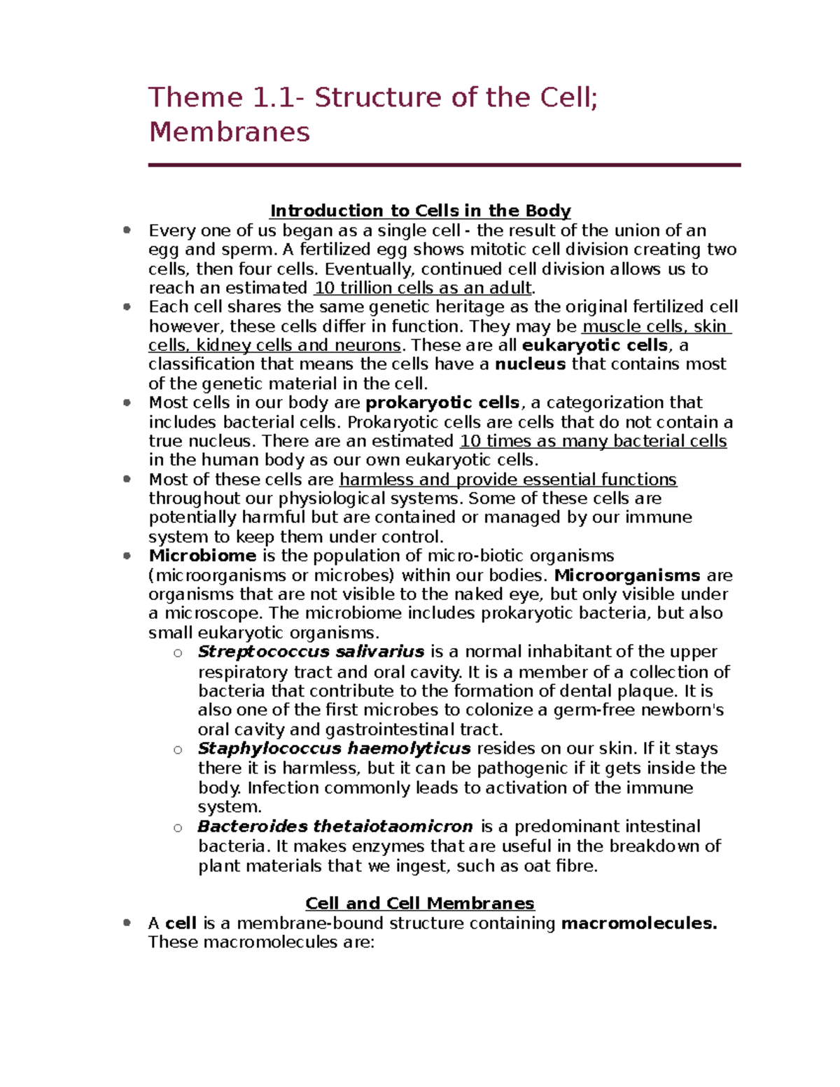 Theme 1 - lecture - Theme 1- Structure of the Cell; Membranes ...