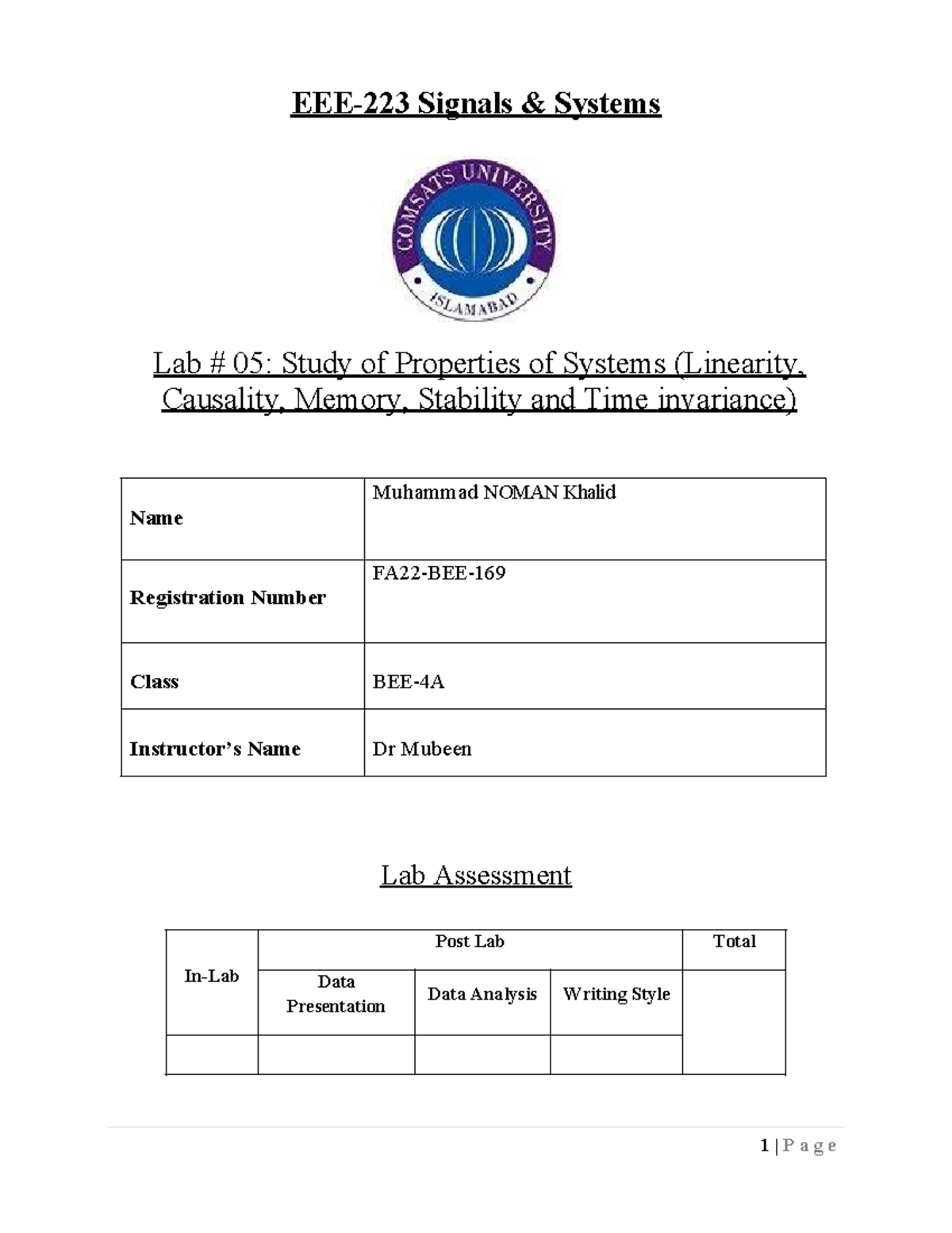 Signals lab 5 - It is good - EEE-223 Signals & Systems Lab # 05: Study of Properties of Systems ...