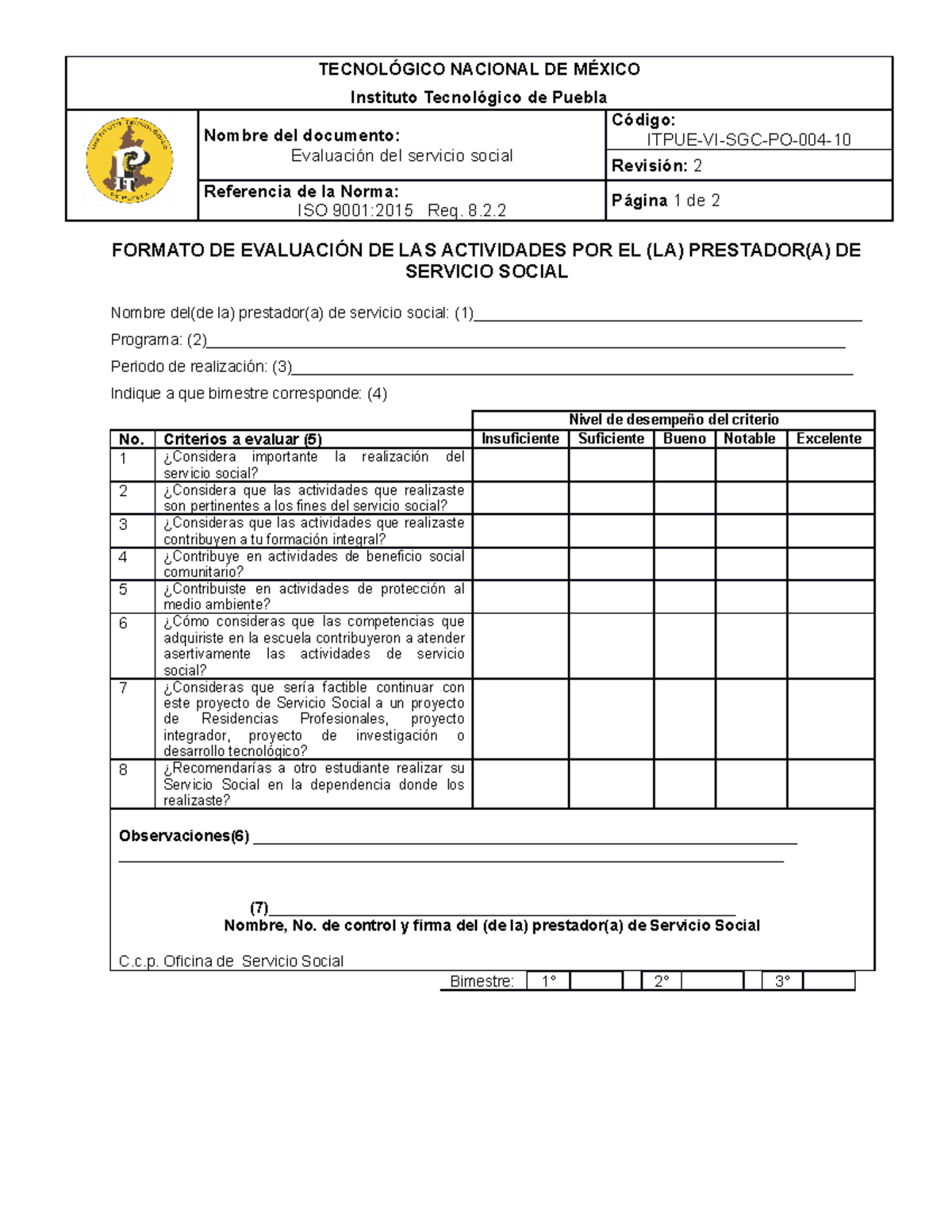 Itpue-VI-SGC-PO-004-10 Evaluacion de actividades Rev - TECNOLÓGICO NACIONAL DE MÉXICO Instituto ...