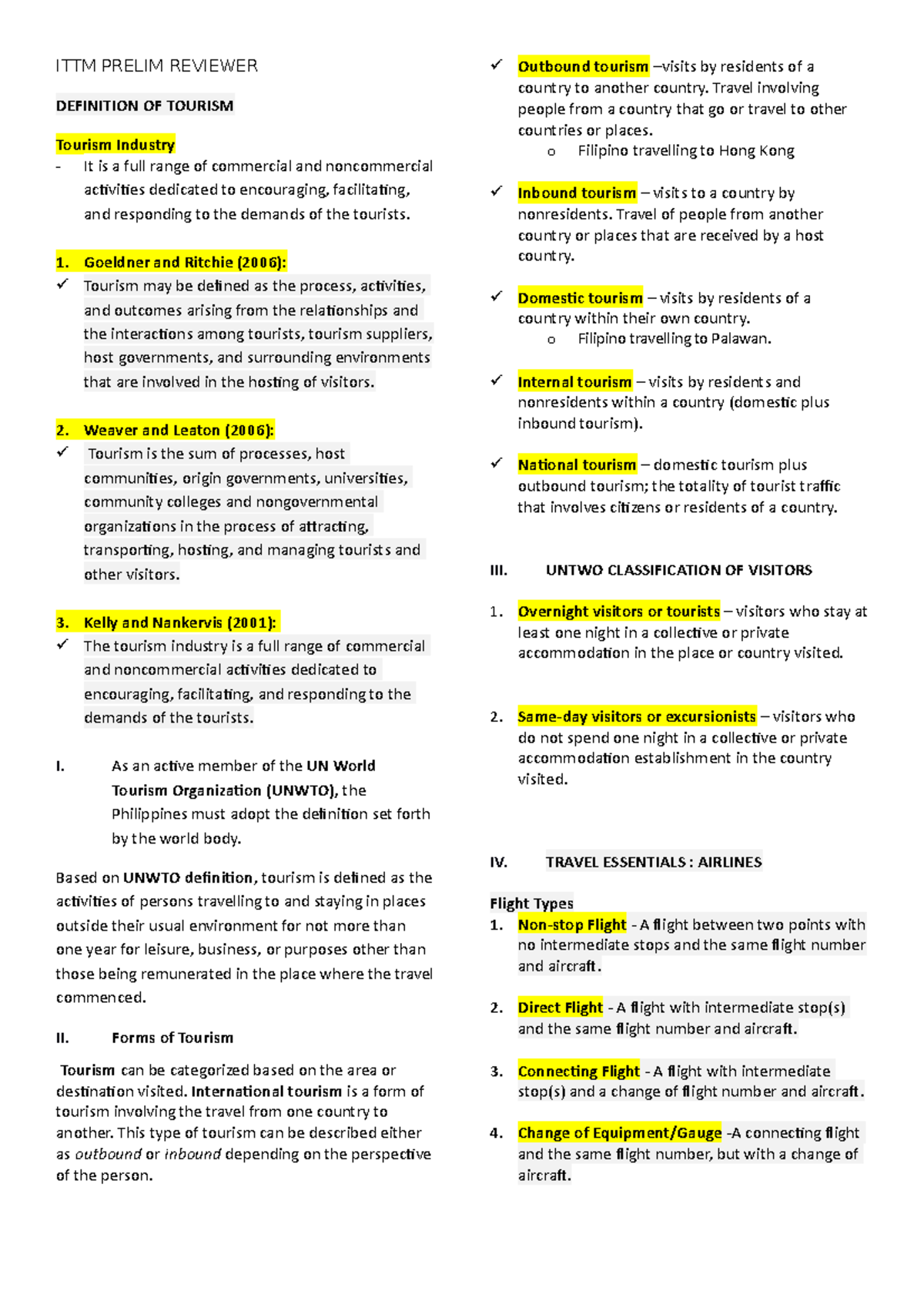 Introduction to Travel and Tour Management PRELIM Reviewer - ITTM ...