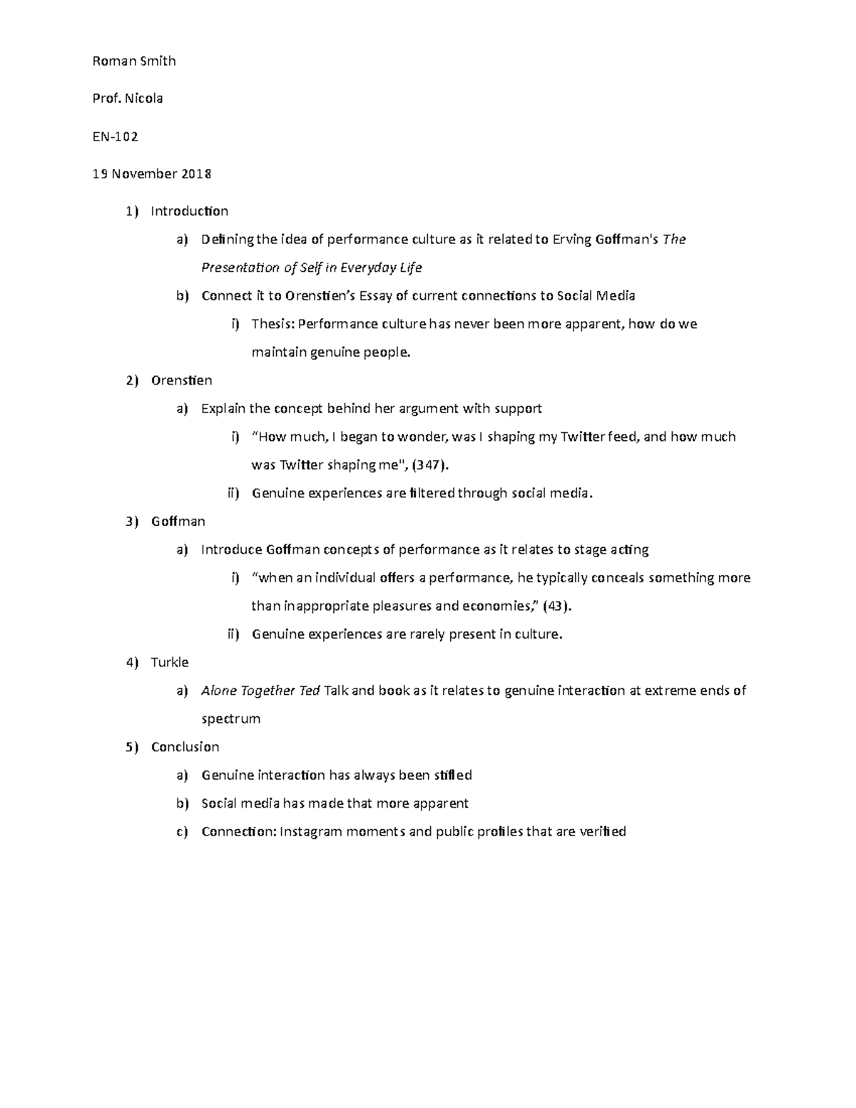 Essay 3 Outline - Reader Response Freshman English Seminar First Year ...
