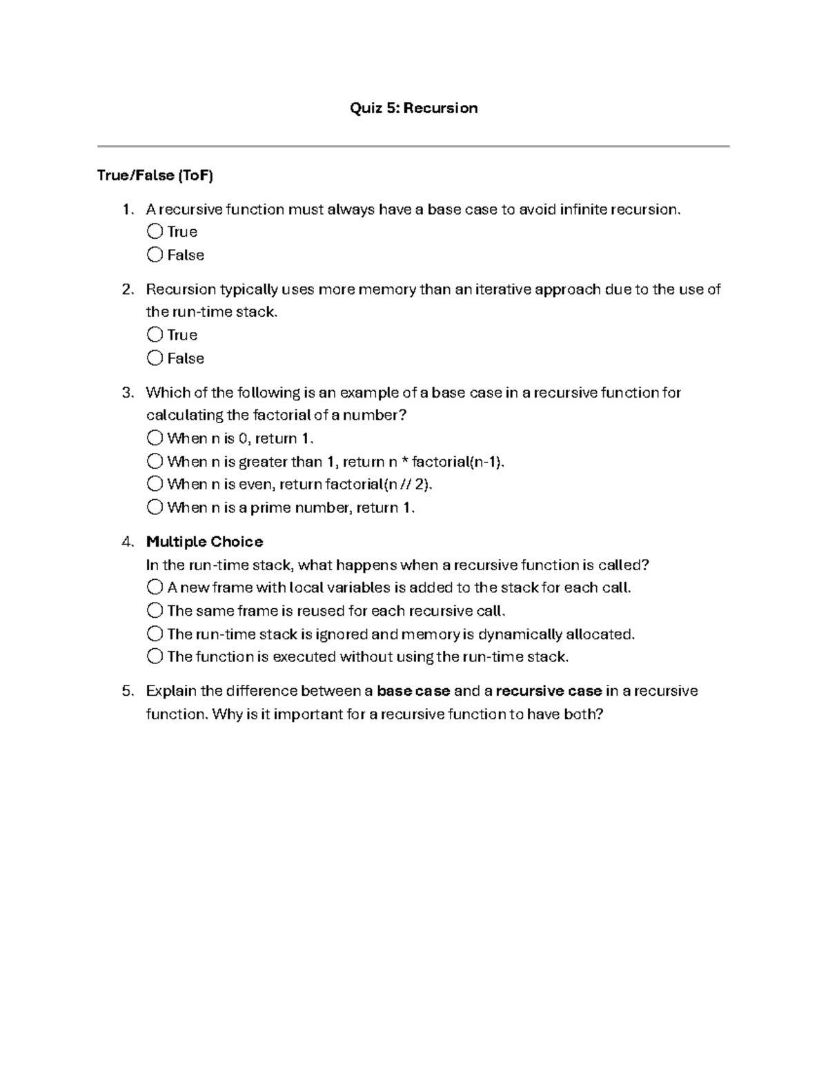 Quiz 5 - The quiz consists of true or false, multiple choice and short ...