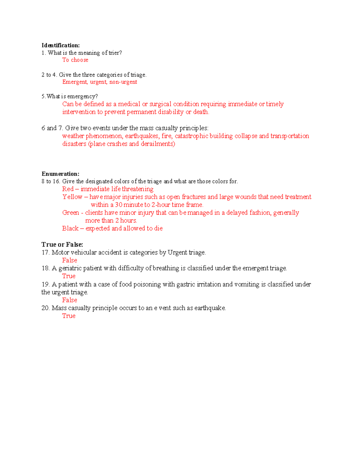 Question on triage - Bsnsnz - Identification: 1. What is the meaning of trier? To choose 2 to 4 ...