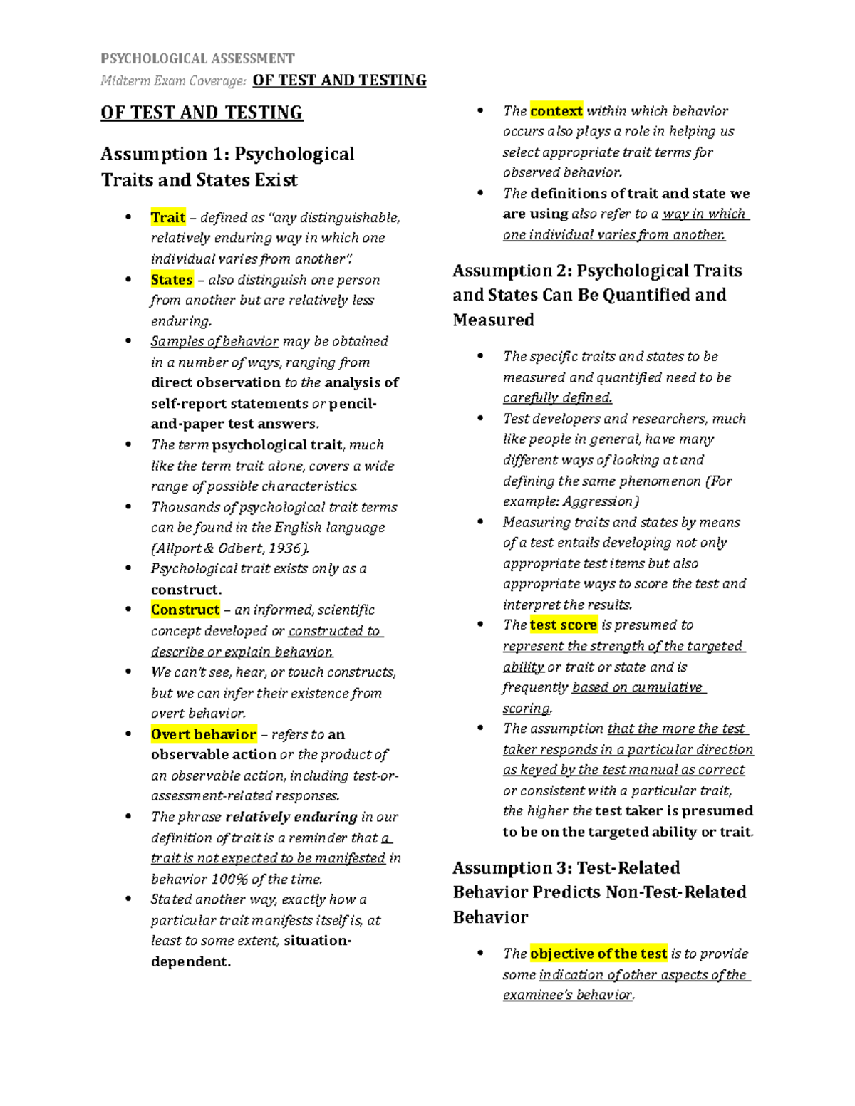 OF TEST AND Testing - Psych test - PSYCHOLOGICAL ASSESSMENT Midterm ...
