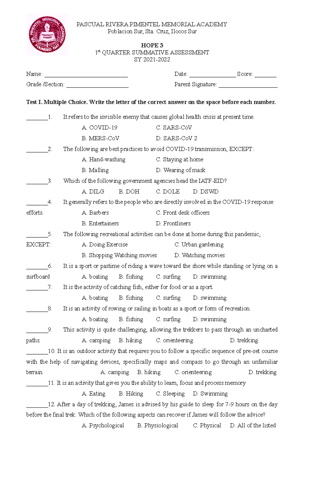 HOPE 3 - 1st Quarter Summative Assessment (edted) - PASCUAL RIVERA ...