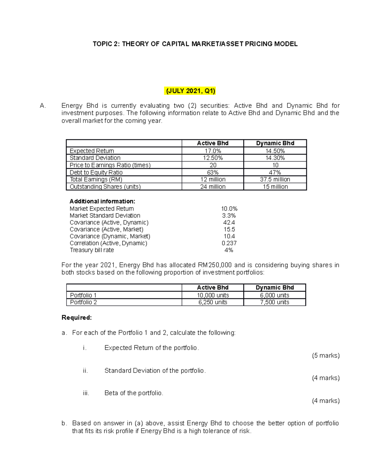 Tutorial Topic 2a - TOPIC 2: THEORY OF CAPITAL MARKET/ASSET PRICING ...