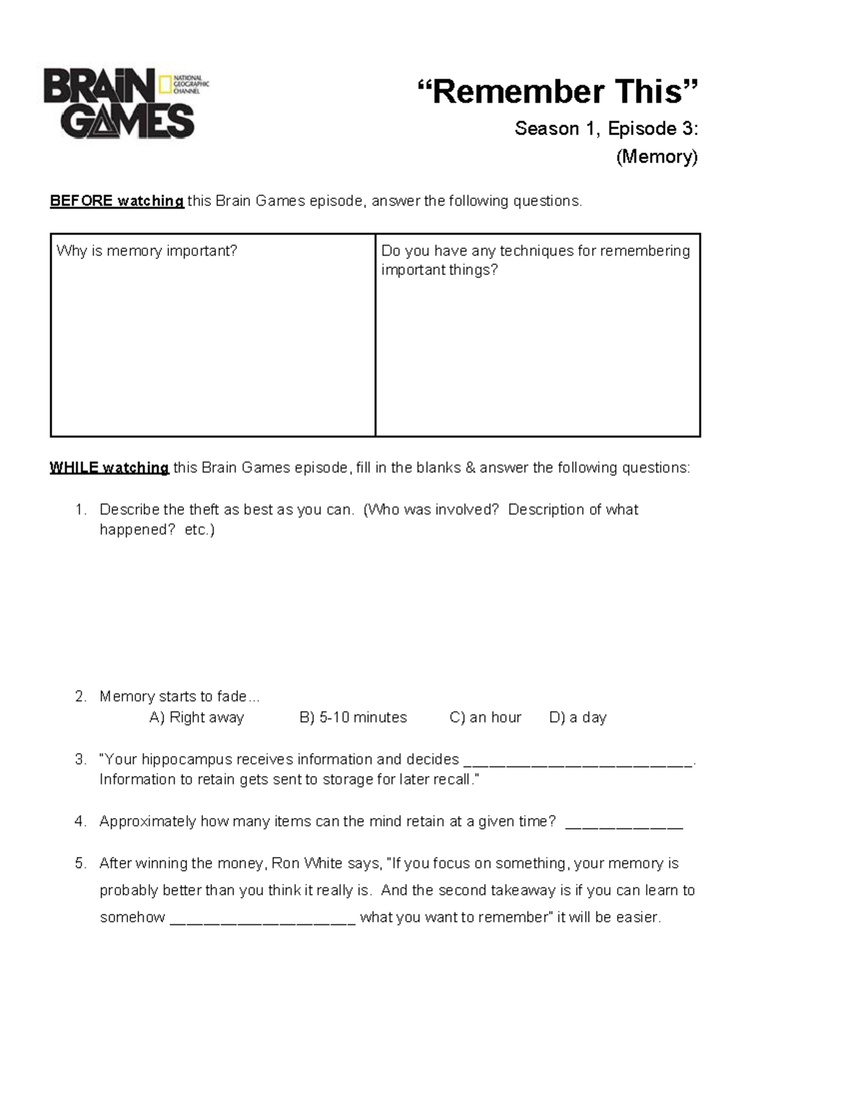 “Remember This” - Brain Games Viewing Guide - “Remember This” Season 1 ...