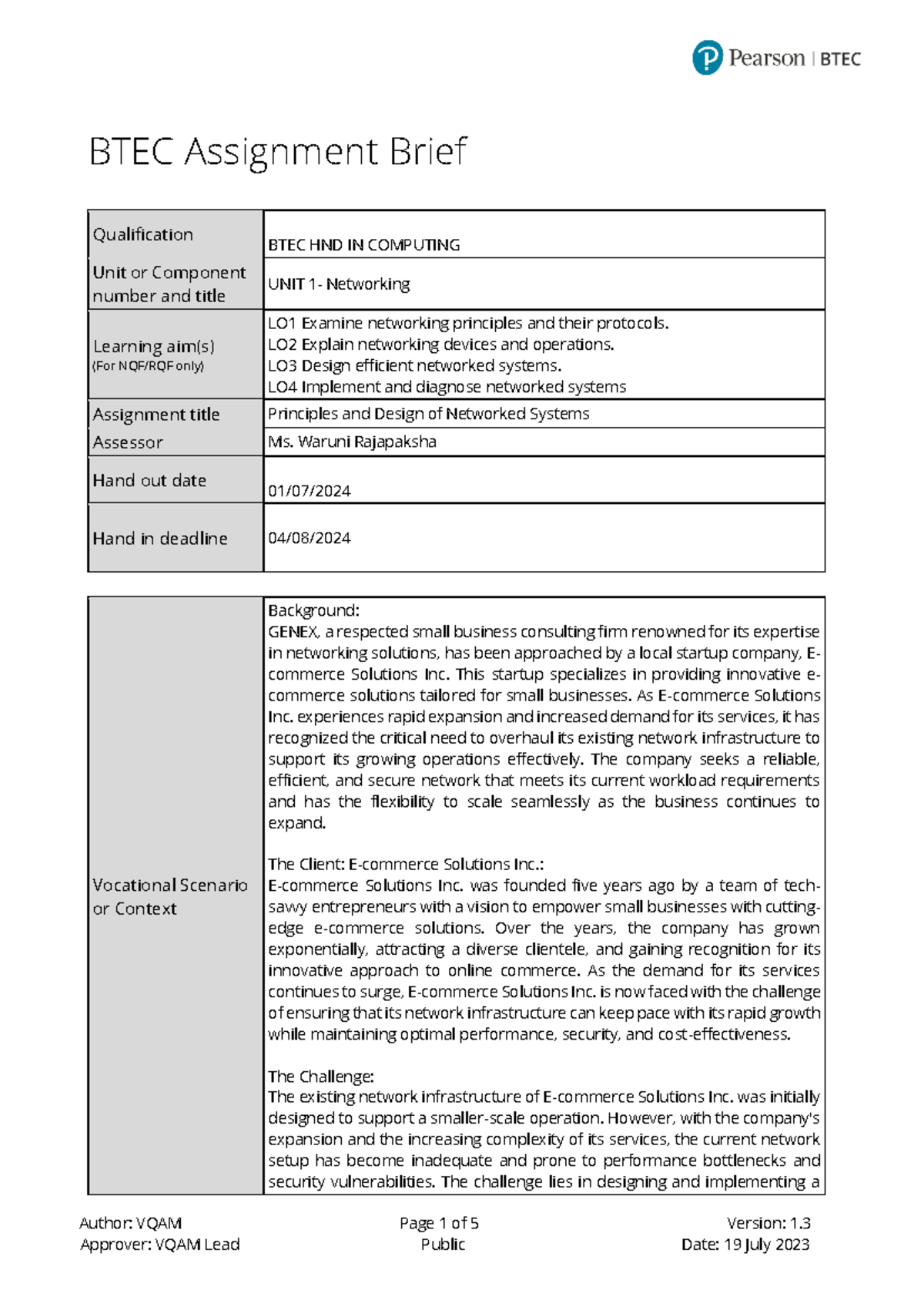 BTEC Assignment Brief Networking - Author: VQAM Page 1 of 5 Version: 1. 3 BTEC Assignment Brief ...