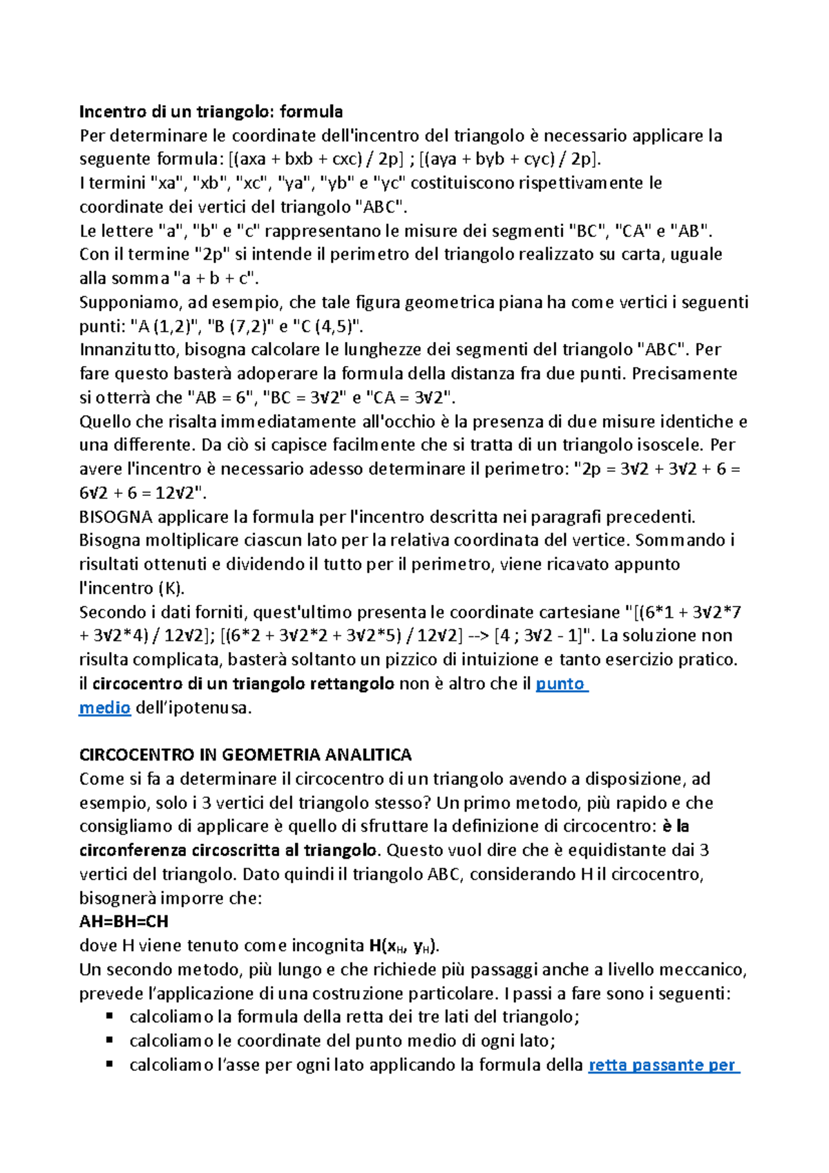 Incentro di un triangolo - I termini "xa", "xb", "xc", "ya", - Studocu