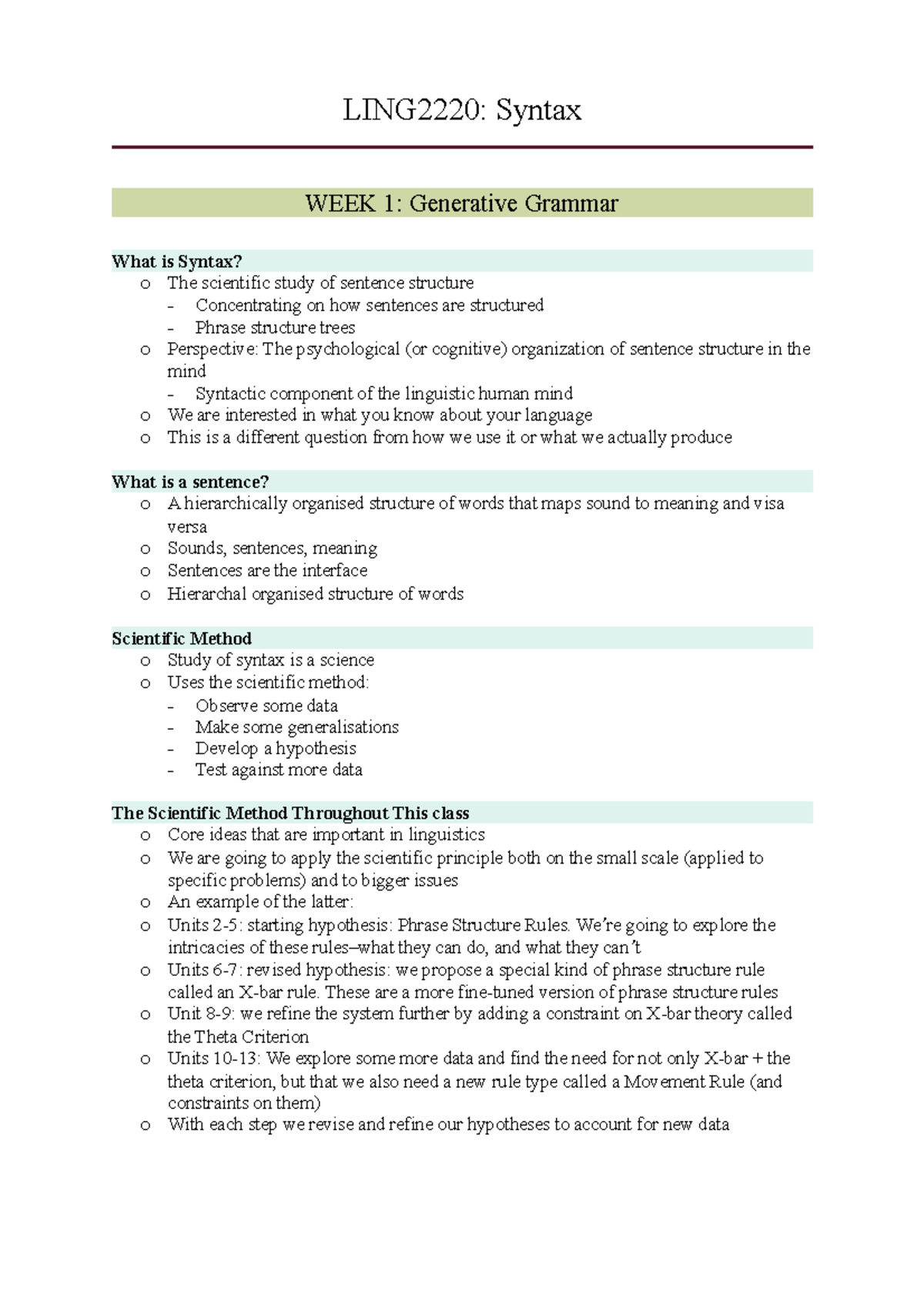 LING2220 lecture notes - LING2220: Syntax WEEK 1: Generative Grammar ...