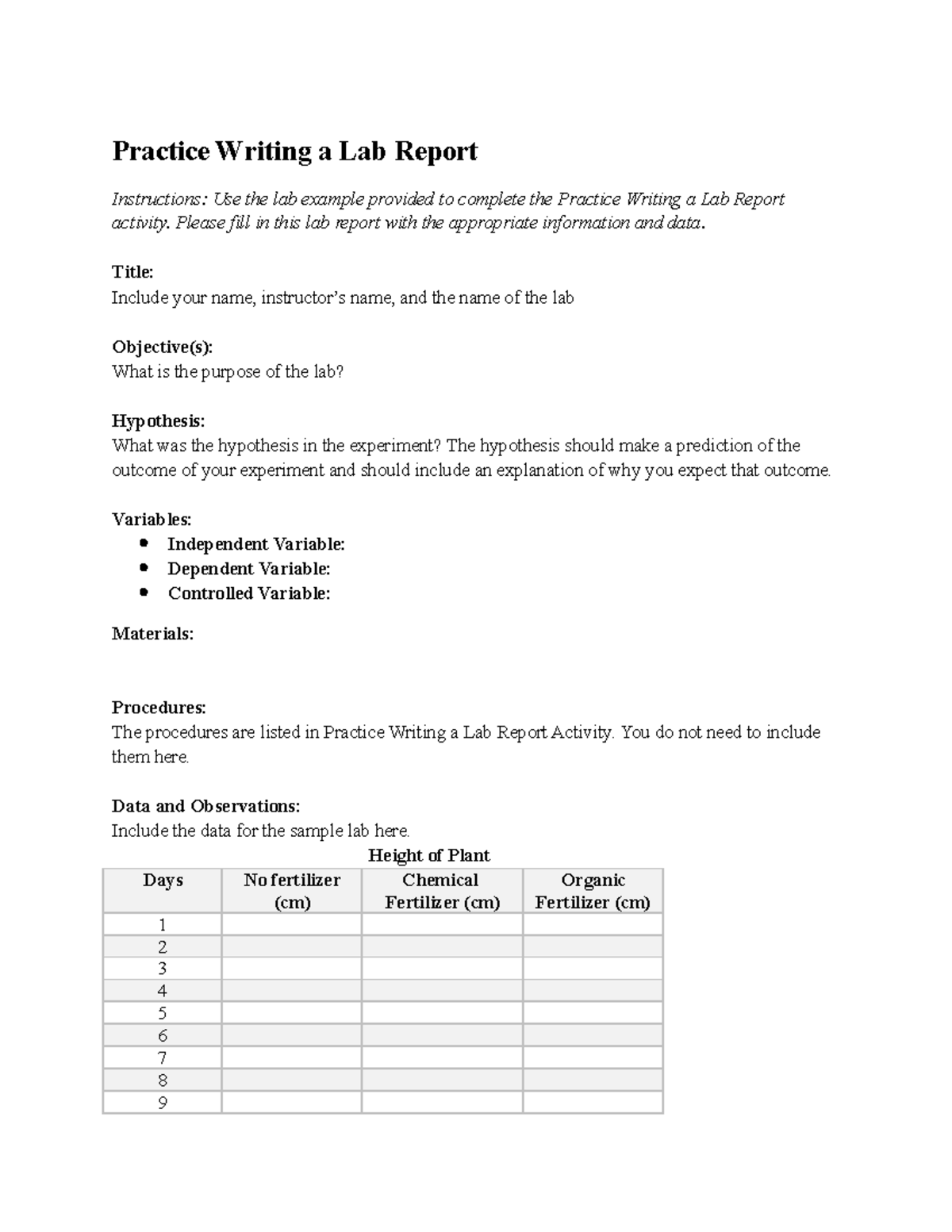 1 01 Exploring Life - Practice Writing a Lab Report Instructions: Use ...