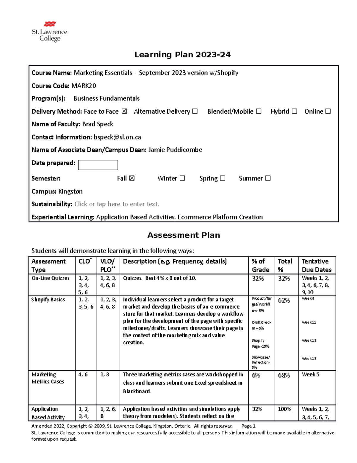 MARK20F23KLPSpeck - ergeg - Learning Plan 2023- Course Name: Marketing Essentials – September ...