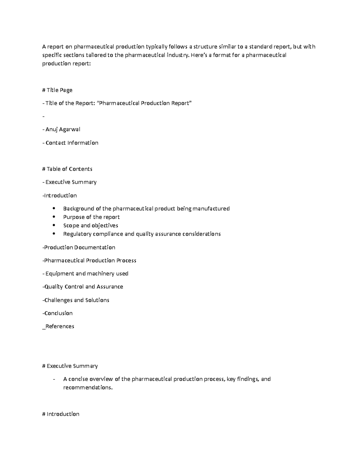 Training format - A report on pharmaceutical production typically ...