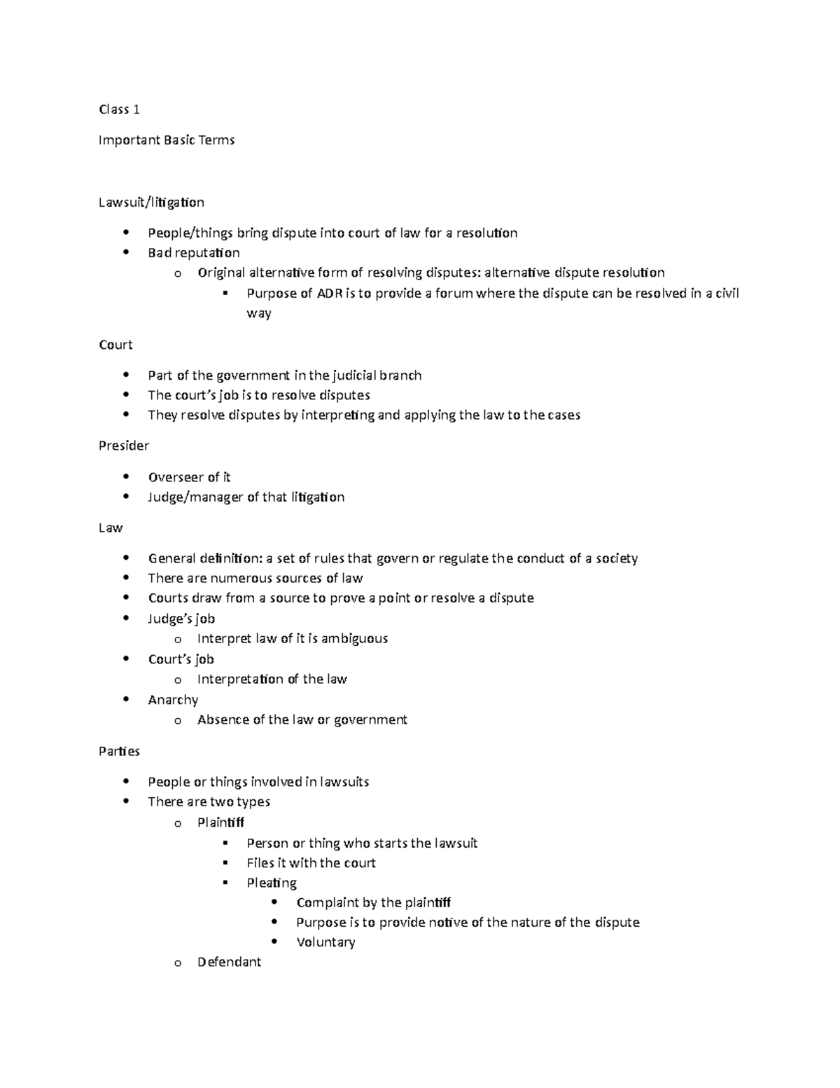 Business Law Class 1 Notes - Class 1 Important Basic Terms Lawsuit ...
