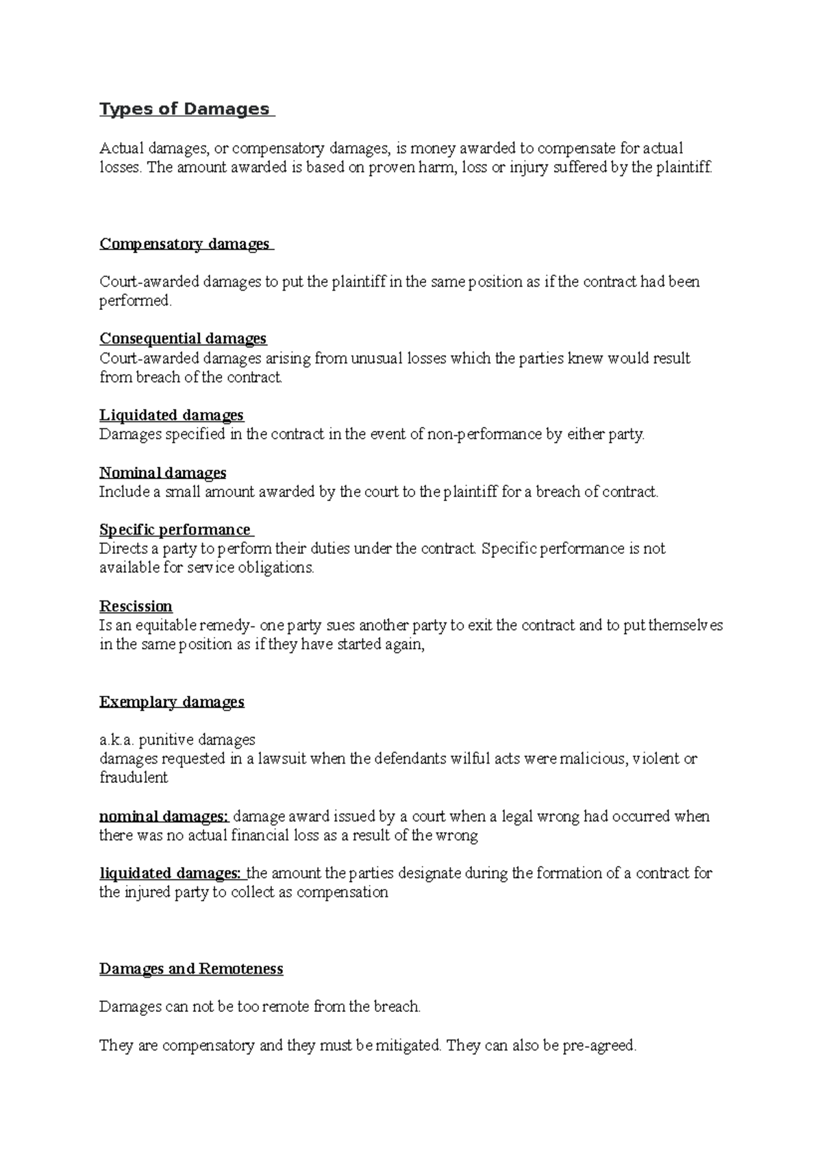 Types of Damages (Lecturer Notes for Contracts) - BLB1102 - VU - Studocu