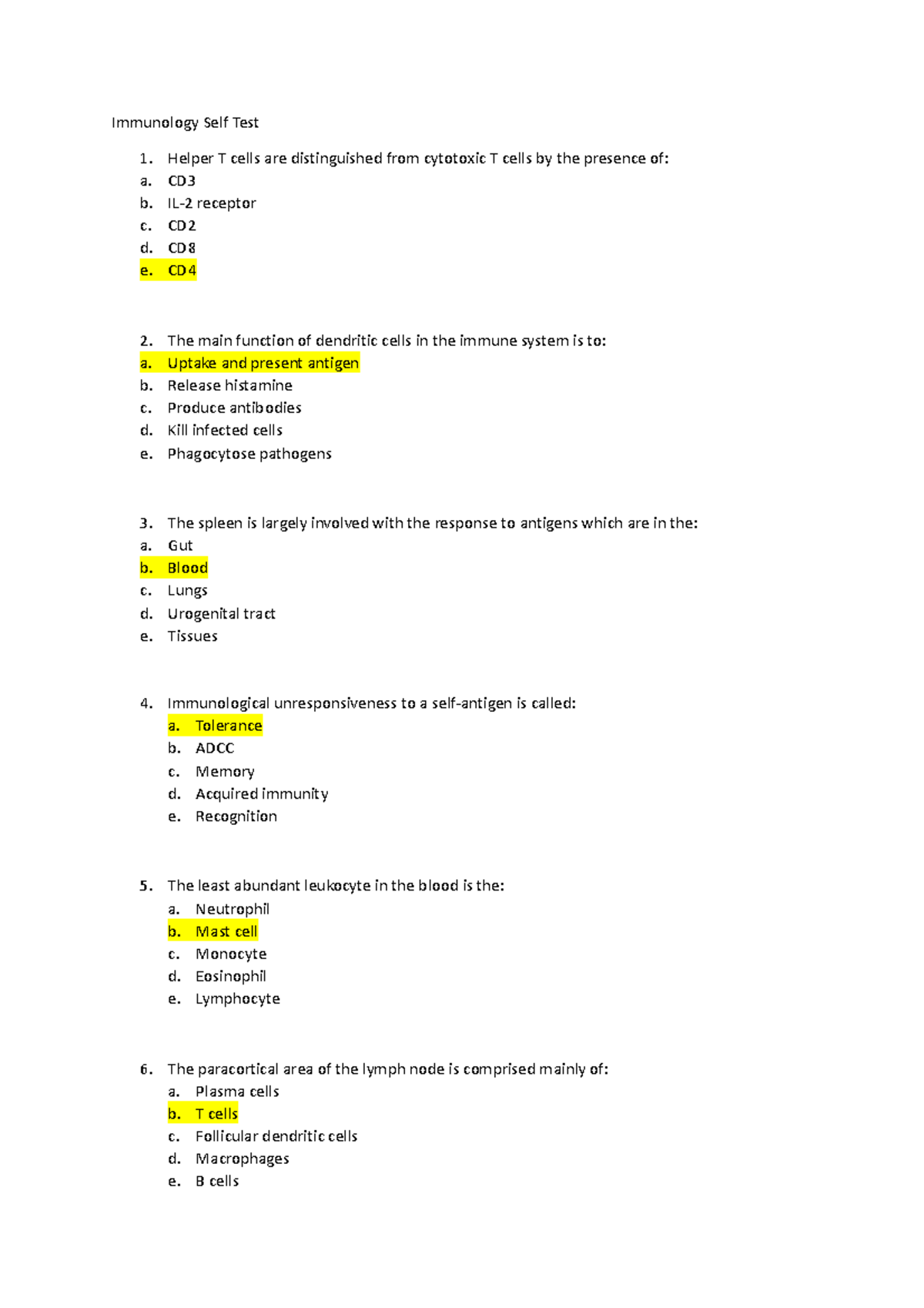 Immunology Self Test - MCQs - Immunology Self Test Helper T cells are ...