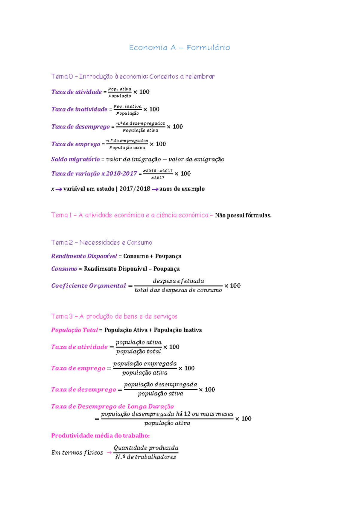 Formulario - .aaa - Economia A – Formulário Tema 0 – Introdução à ...