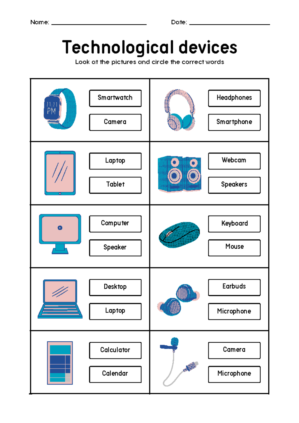 White Colorful Technological Devices Vocabulary Worksheet - ingles ...