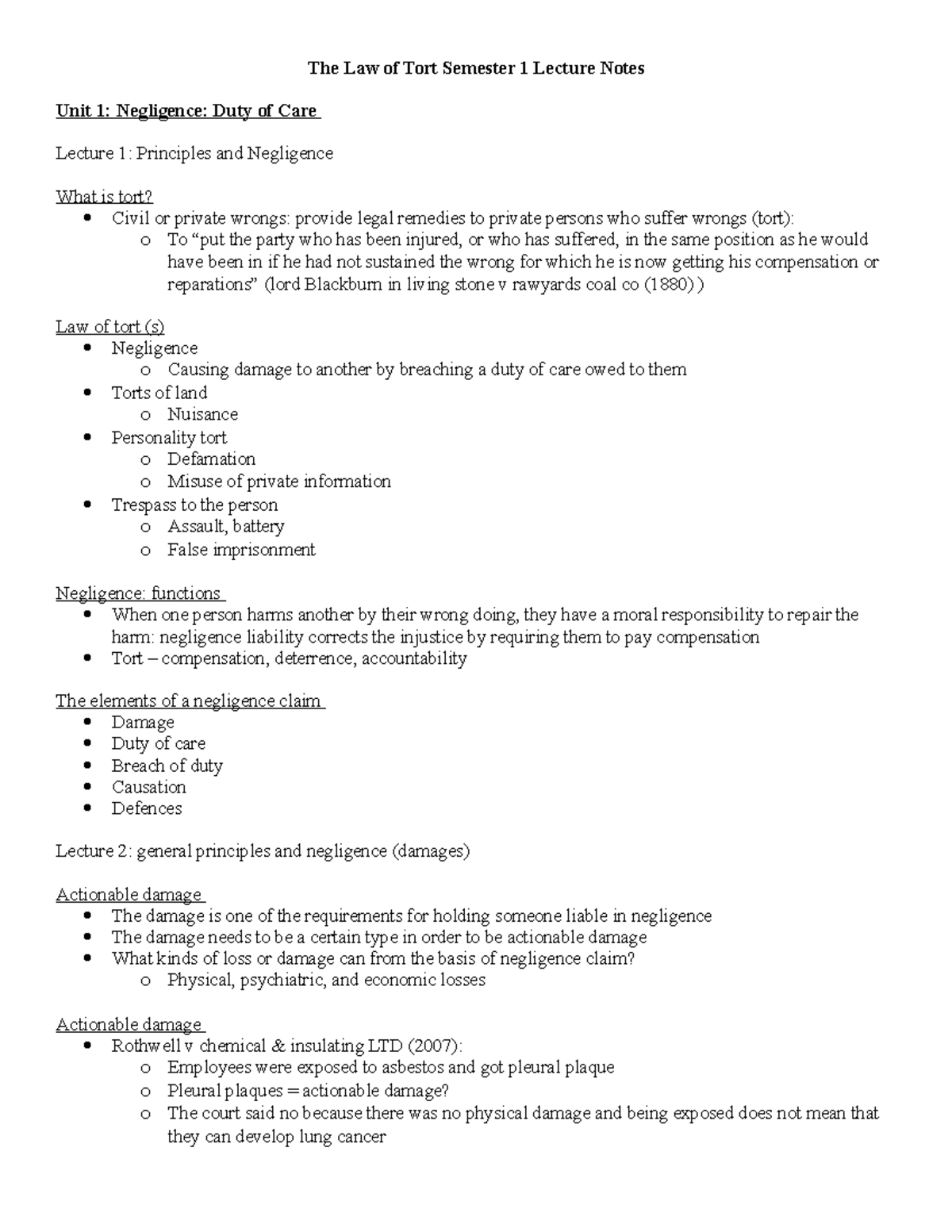 The Law of Tort Lecture notes - The Law of Tort Semester 1 Lecture ...