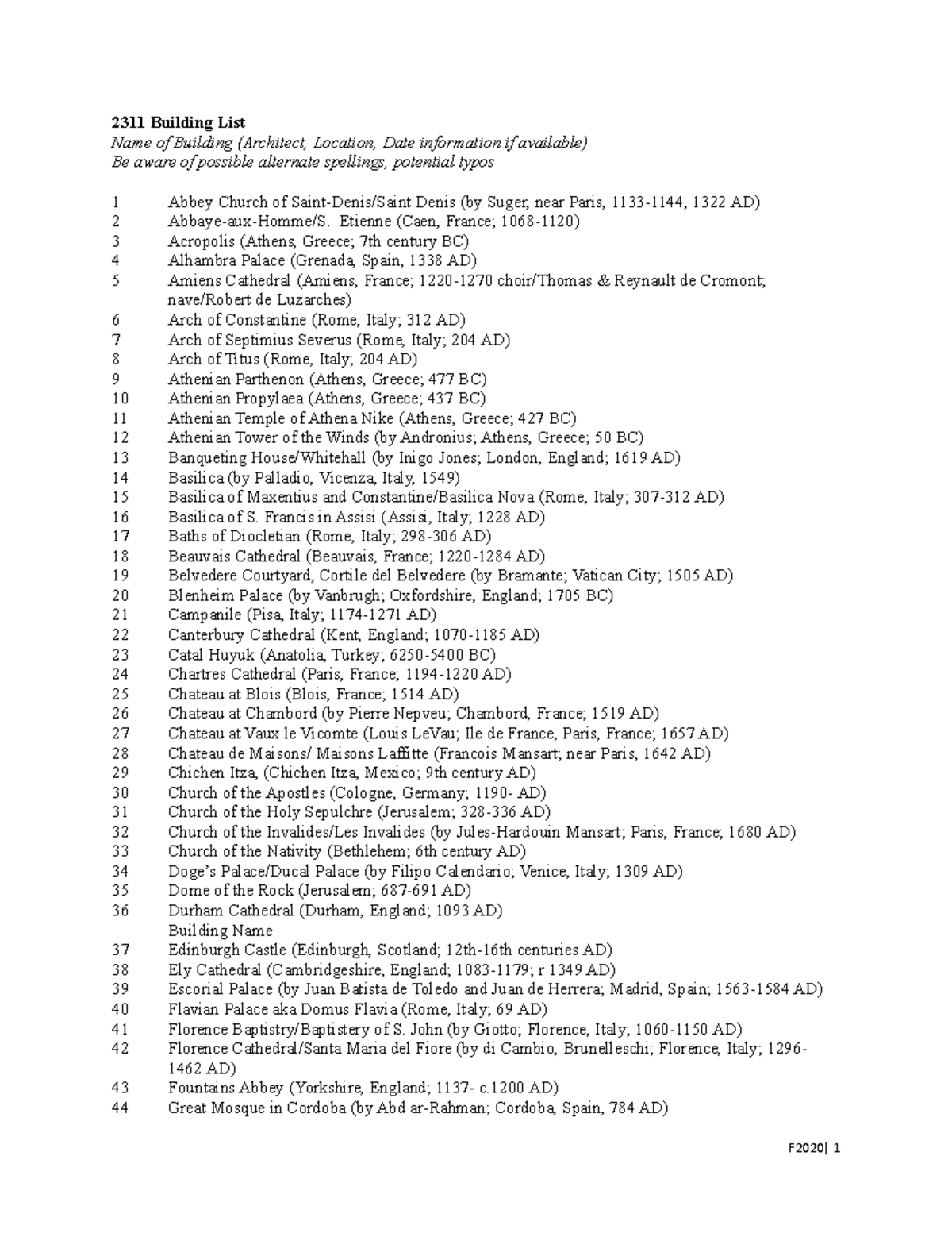 1 Library Assignment Building List 2311 - 2311 Building List Name of ...