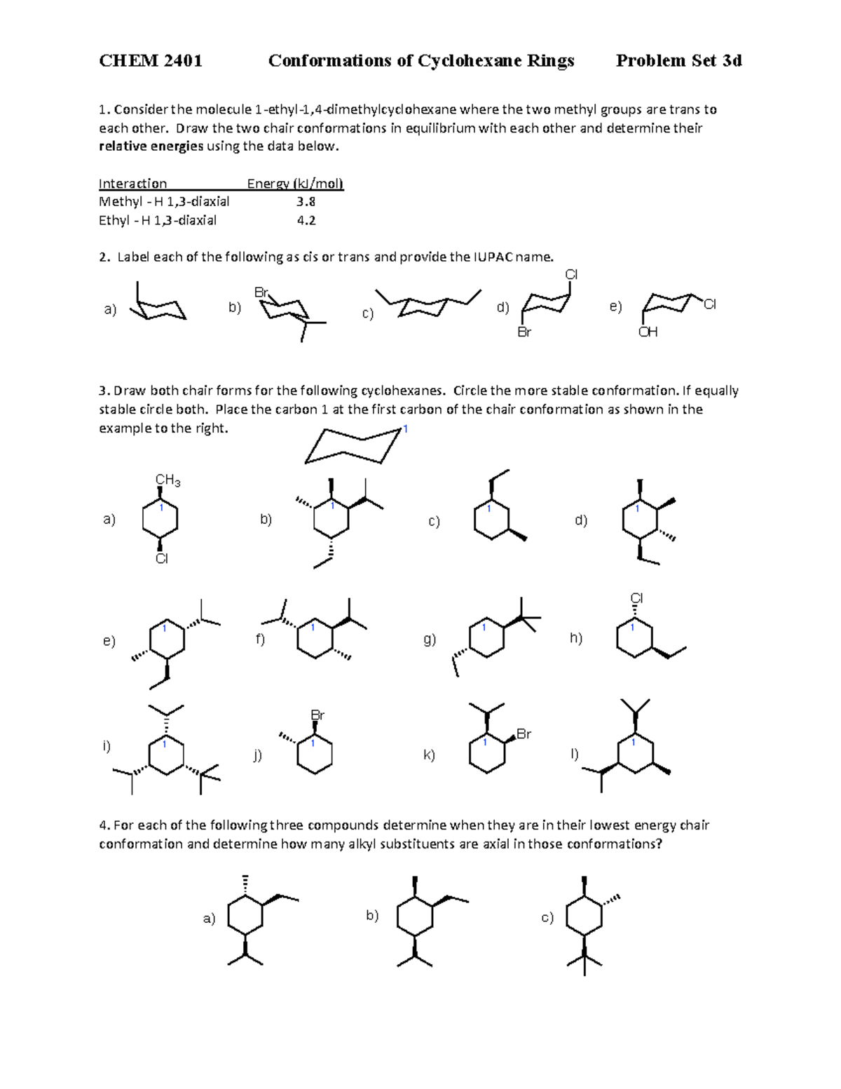 2401 Problem set 3d Cyclohexane Conformations Part 3 Questions - CHEM 2 401 Conformations of ...