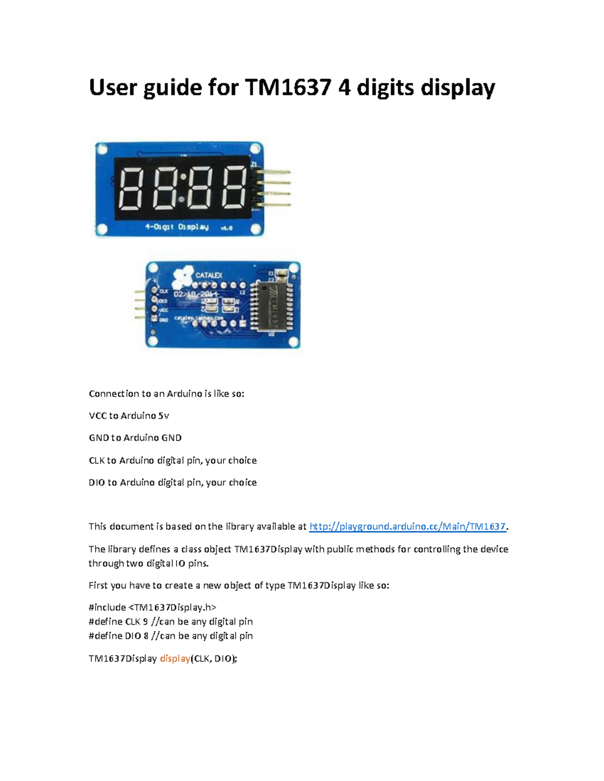 User guide for TM1637 4 digits display - User guide for TM1637 4 digits ...