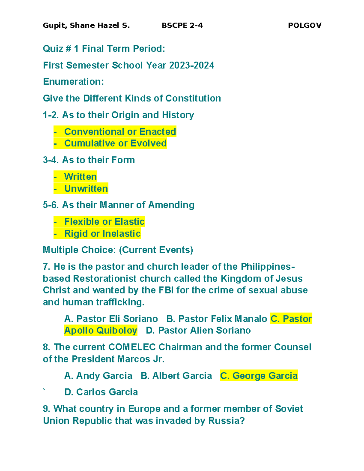Gupit, Shane Hazel S. Bscpe 2-4 - QUIZ 1 Polgov Final Term - Gupit, Shane Hazel S. BSCPE 2-4 ...