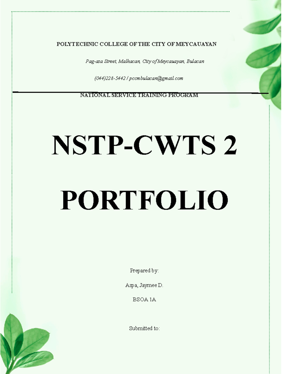Portfolio in NSTP2 - FOR NATIONAL SERVICE TRAINING PROGRAM ...