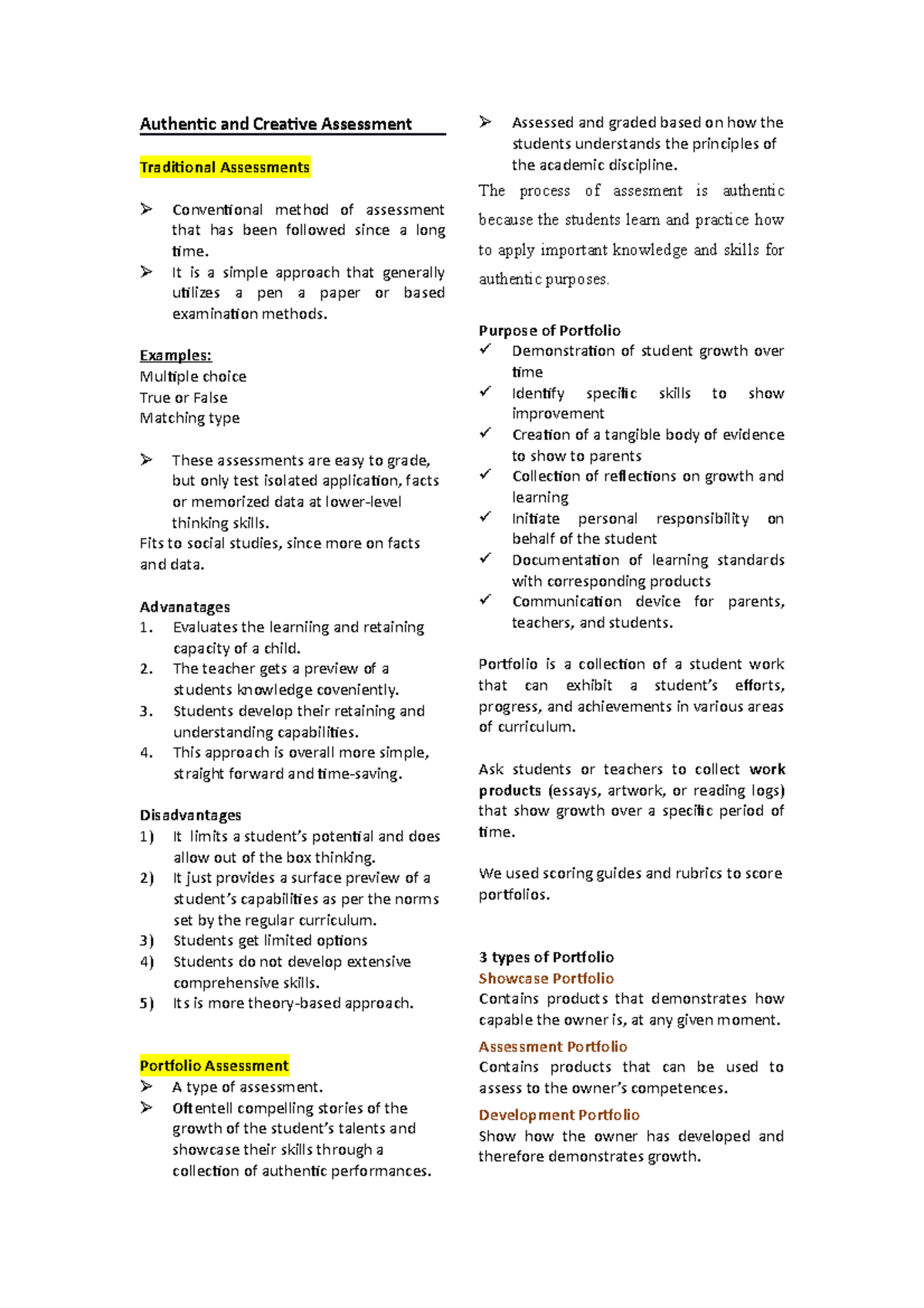 Traditional and Portfolio - Authentic and Creative Assessment ...