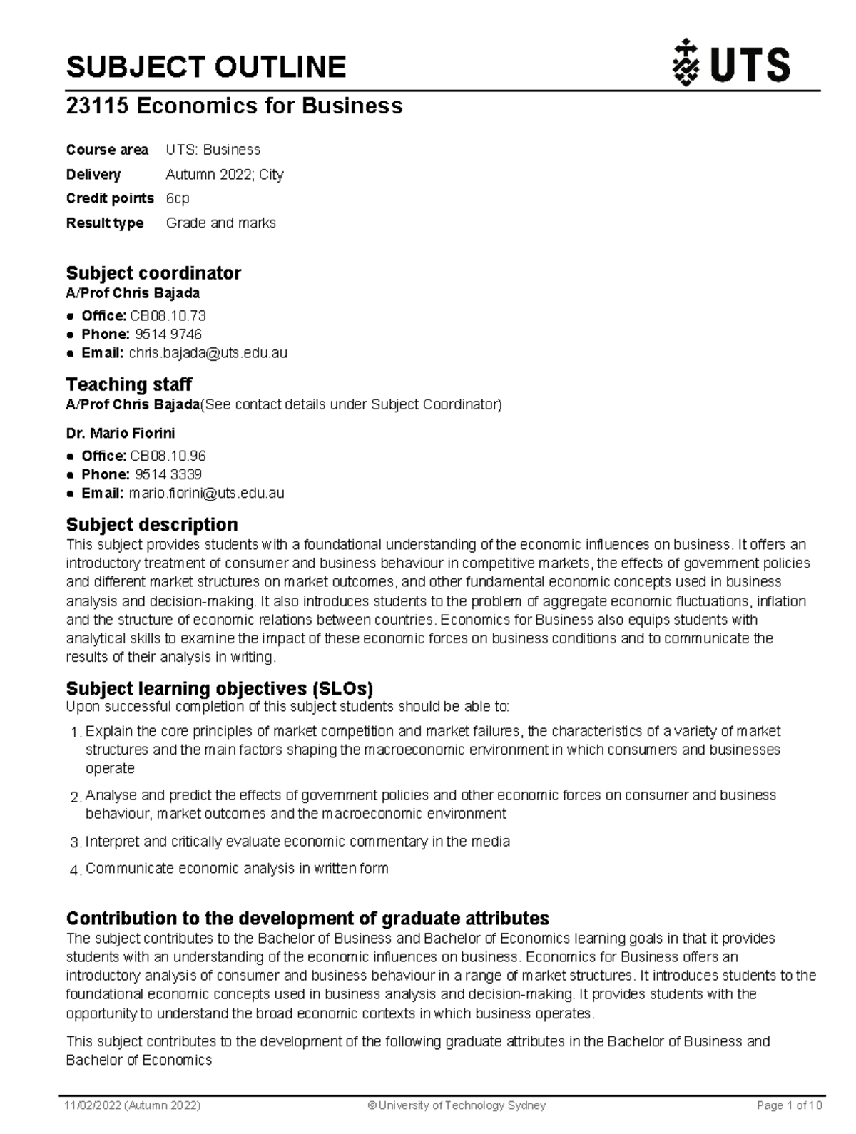 Economics for Business subject outline - SUBJECT OUTLINE 23115 ...