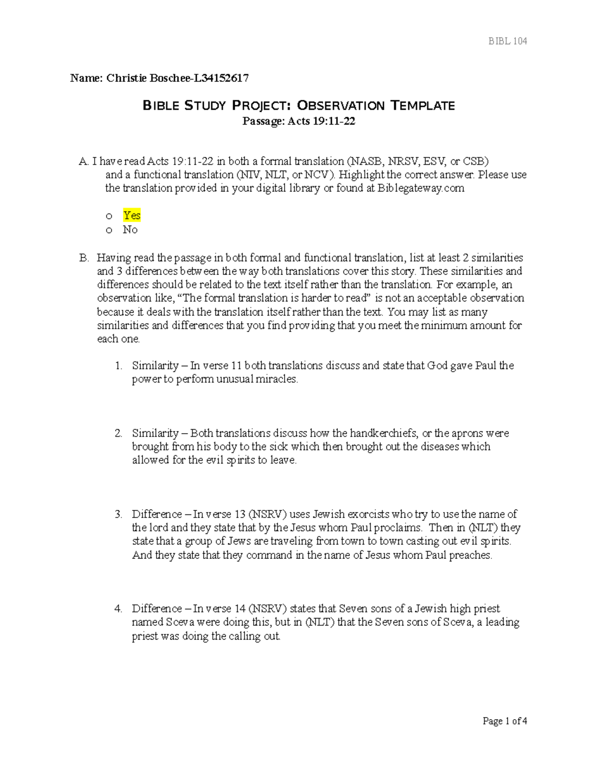 Bible Study Project Observation - Name: Christie Boschee-L BIBLE STUDY ...