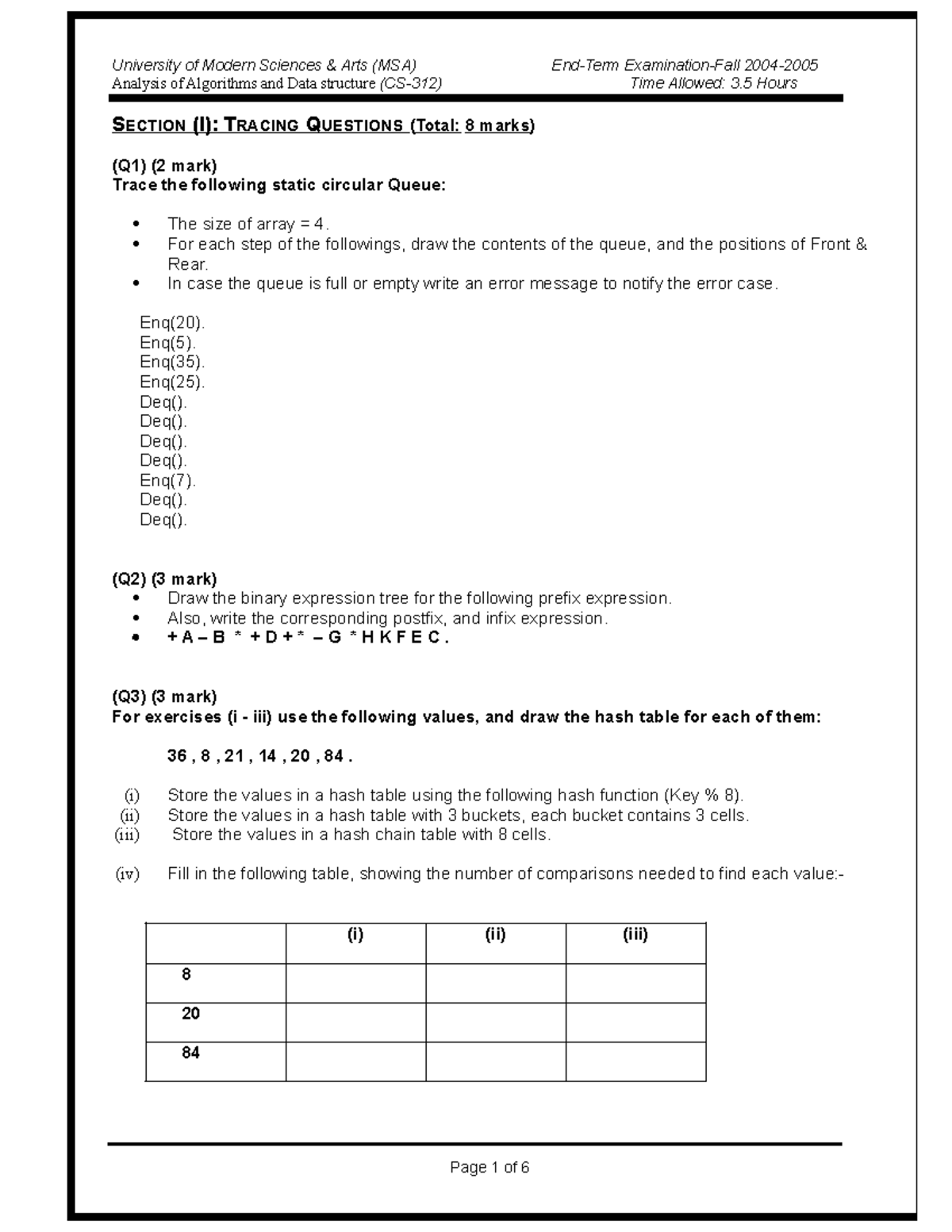 01 Examinations - kkk - ####### Analysis of Algorithms and Data structure (CS-312) Time Allowed ...