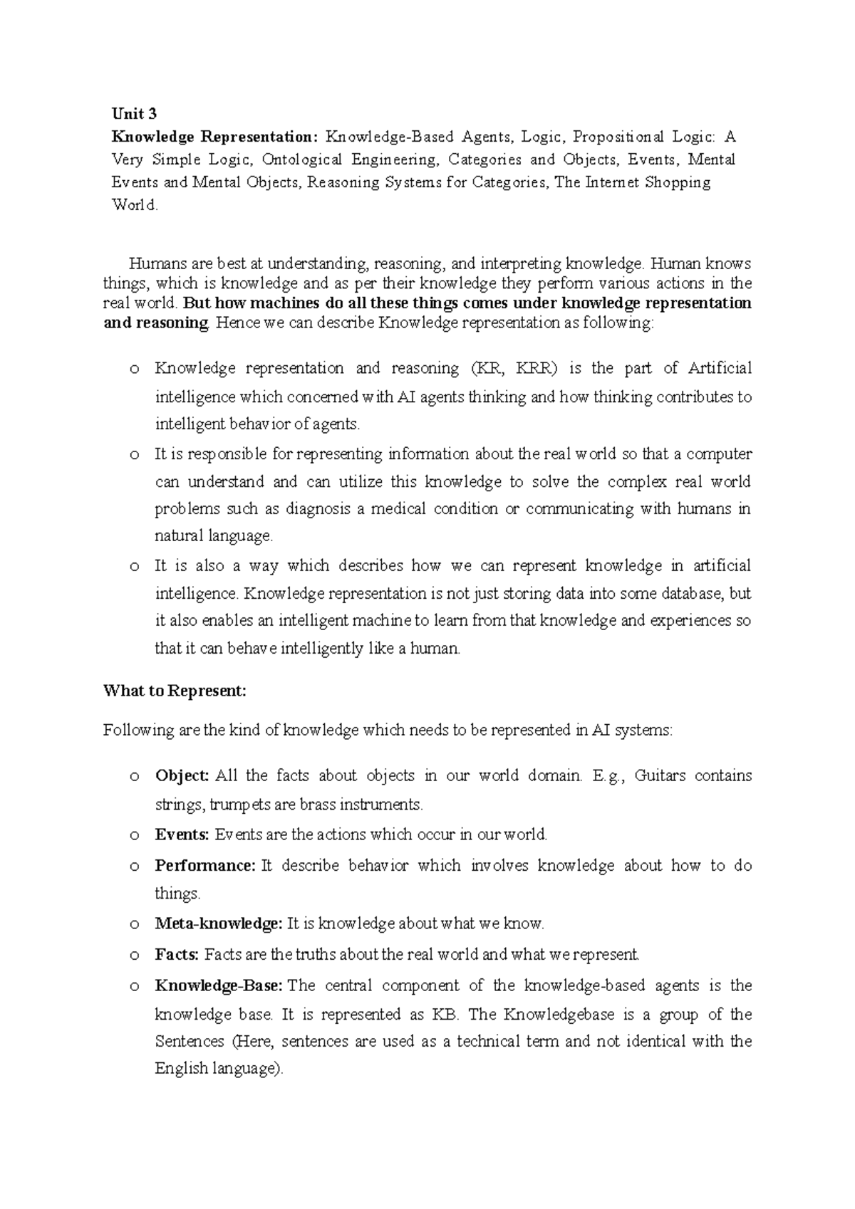 AI Unit 3 - Unit 3 - Unit 3 Knowledge Representation: Knowledge-Based ...