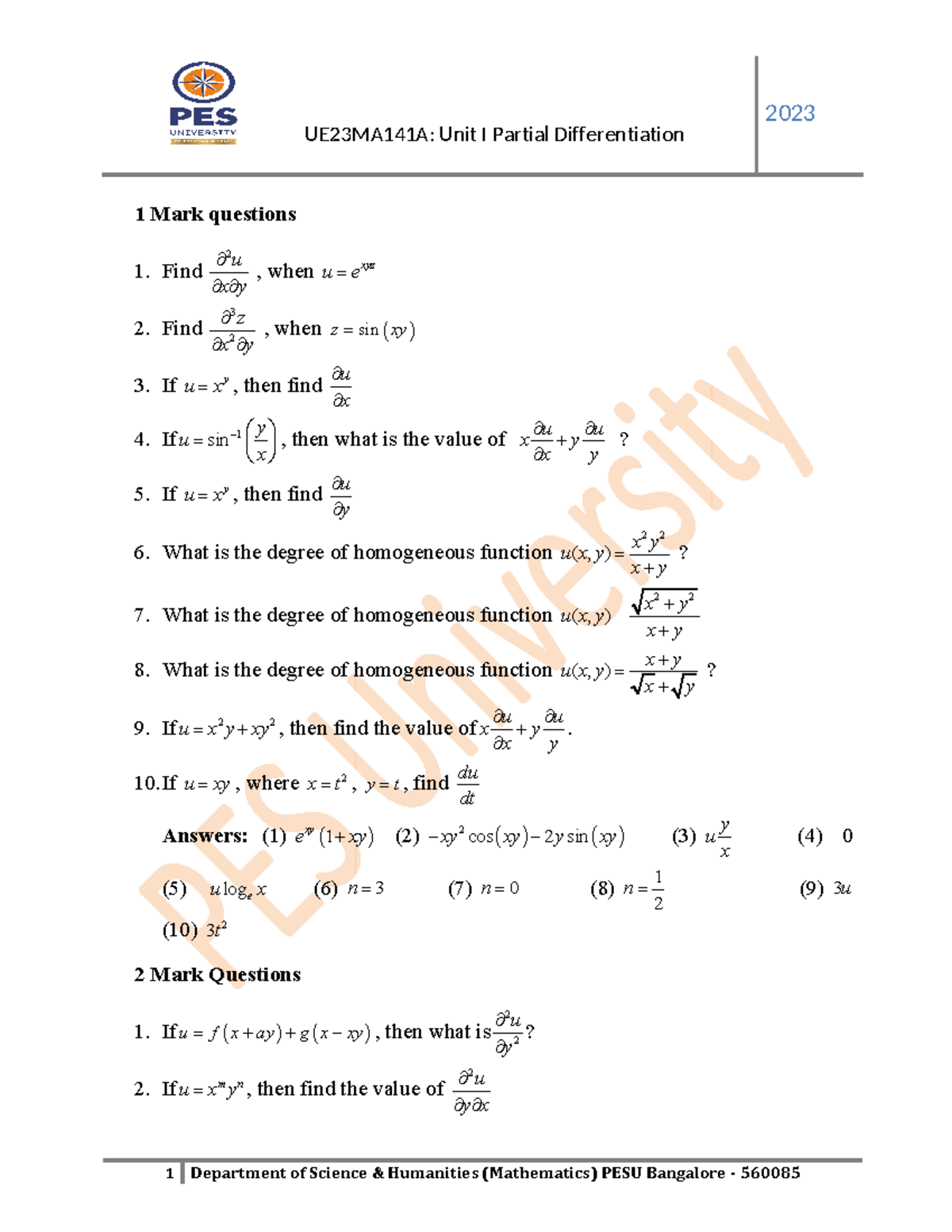 Unit1 Qb - ..... - ####### 1 Department of Science & Humanities (Mathematics) PESU Bangalore 1 ...