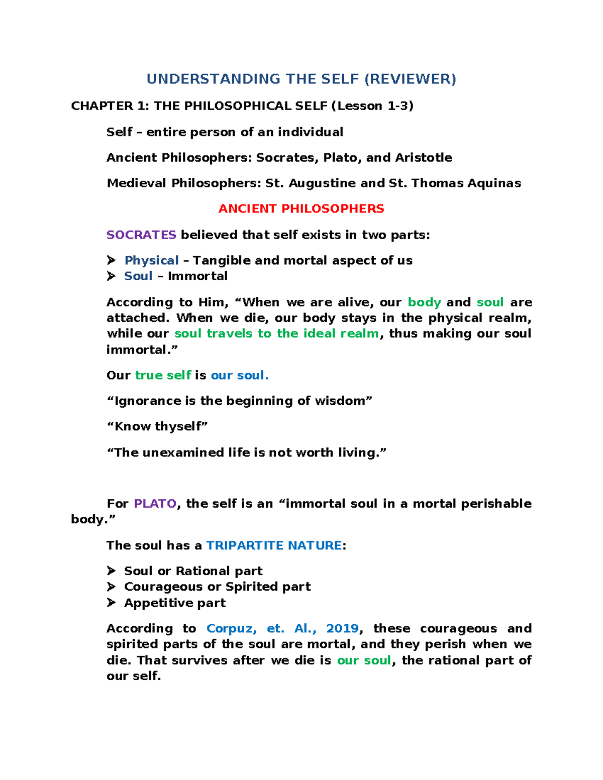 UTS Reviewer First Grading - UNDERSTANDING THE SELF (REVIEWER) CHAPTER ...