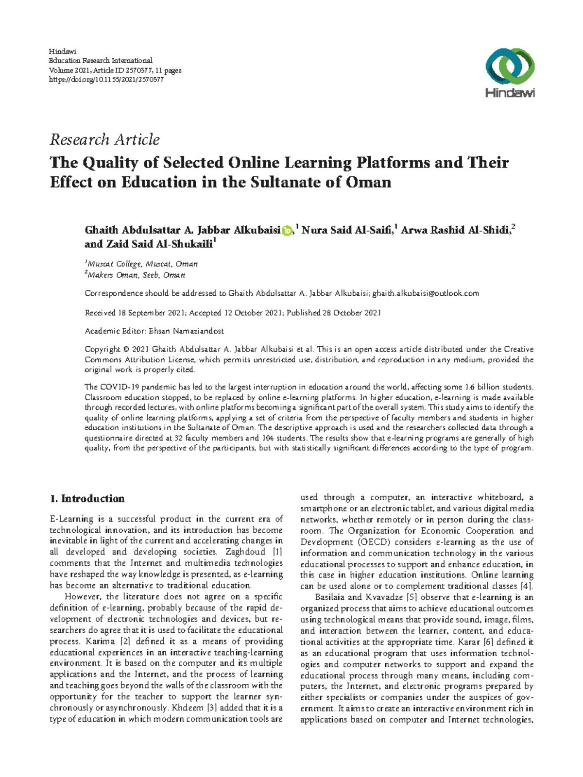 2570377 - Research Article The Quality of Selected Online Learning ...