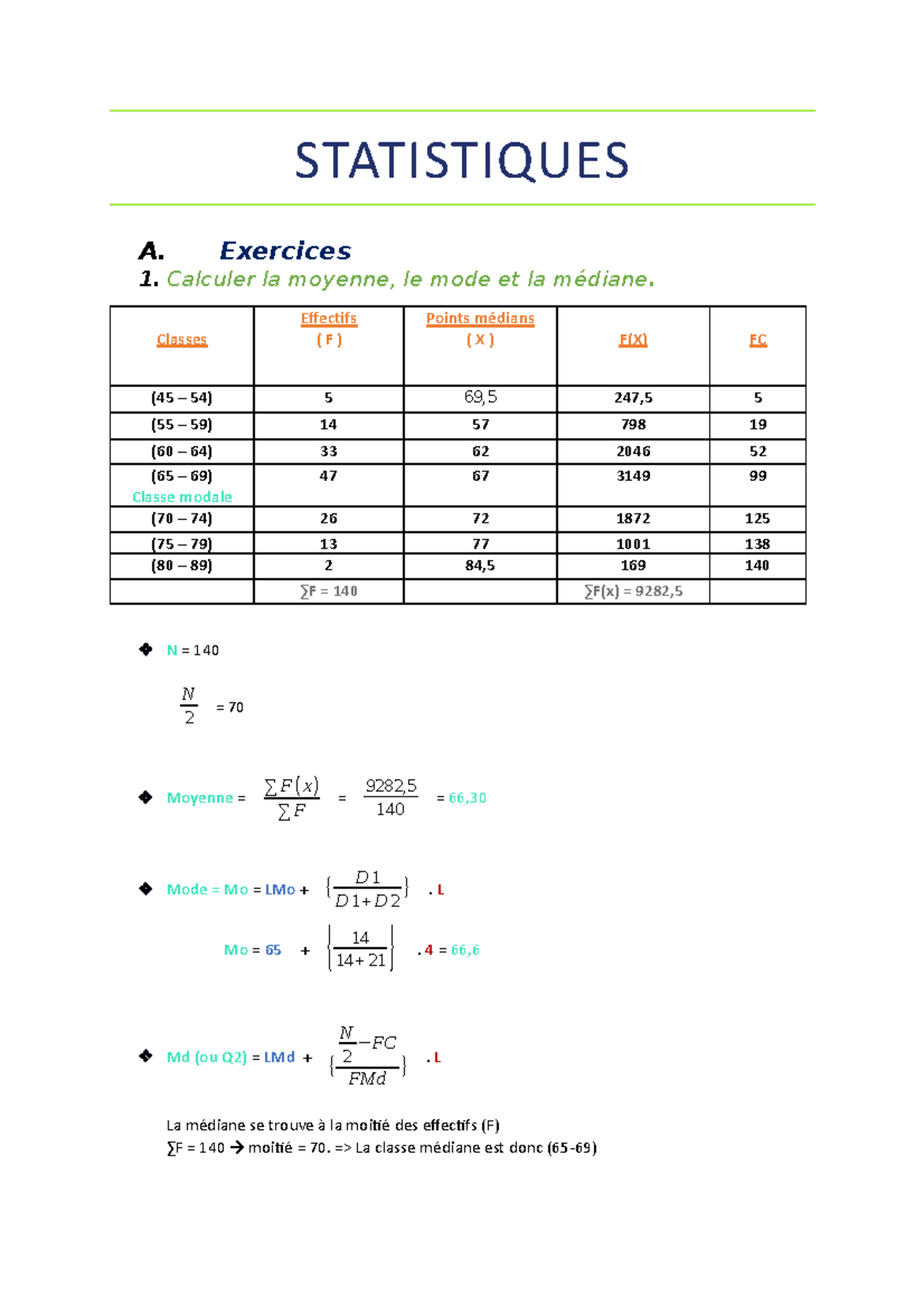Statistiques exercices - STATISTIQUES A. Exercices 1 la moyenne, le mode et la médiane. Classes ...