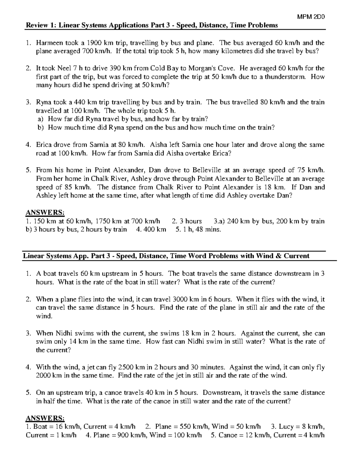 Linear Systems Applications Part 3 Speed, Distance and Time Problems, and Problems with Wind and ...