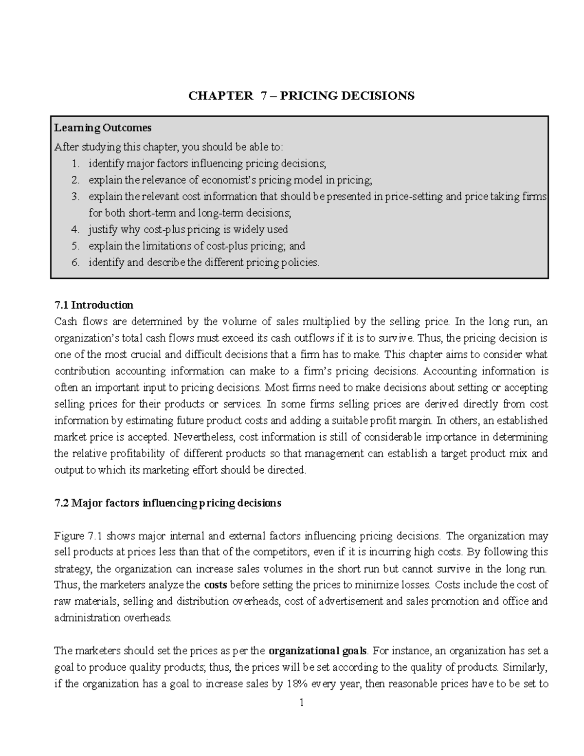 ACC 2370 - Chapter 7 - Pricing Decisions - Course manual - CHAPTER 7 ...