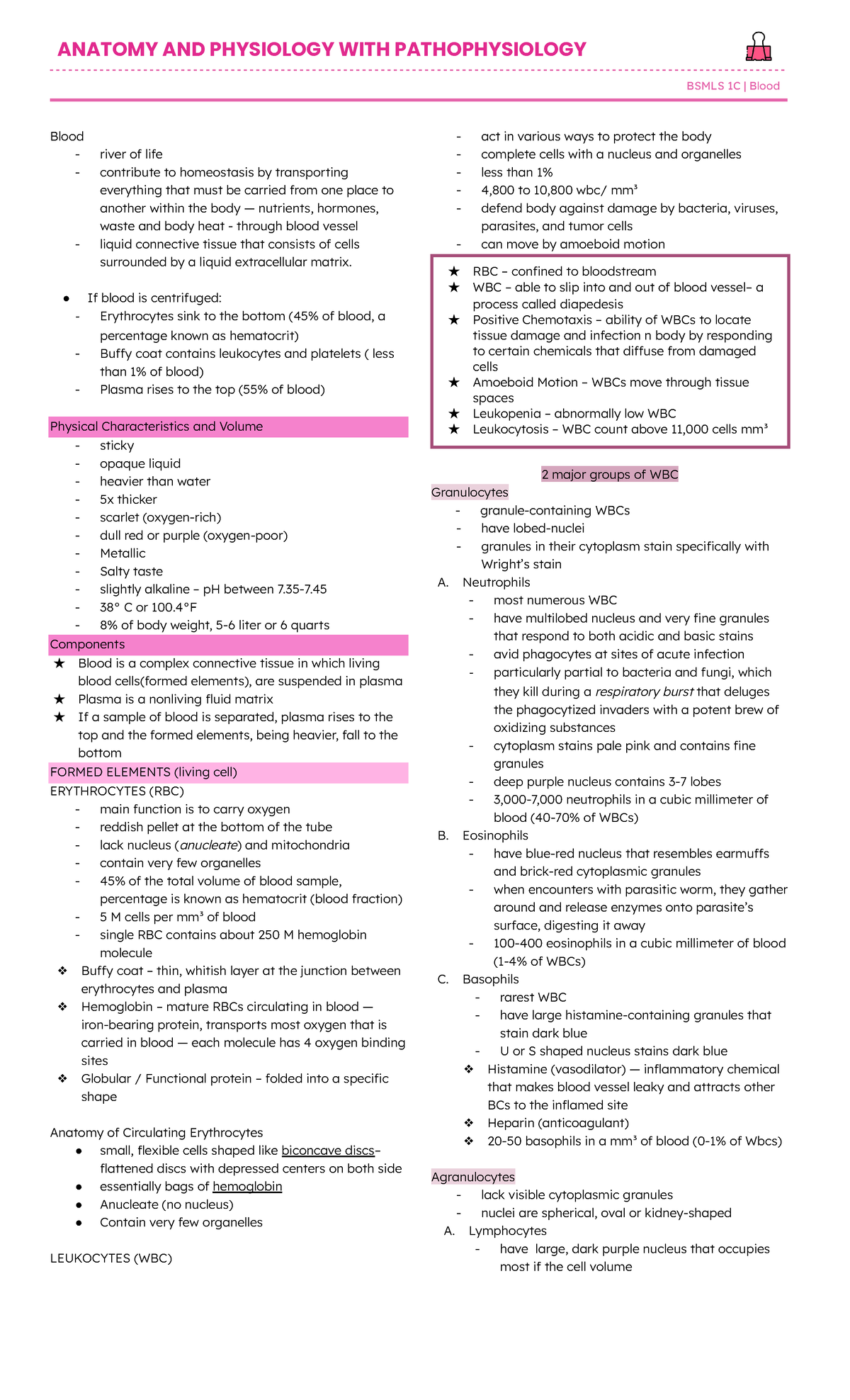 Blood - Anaphy Lecture Notes - BSMLS 1C | Blood Blood - river of life ...