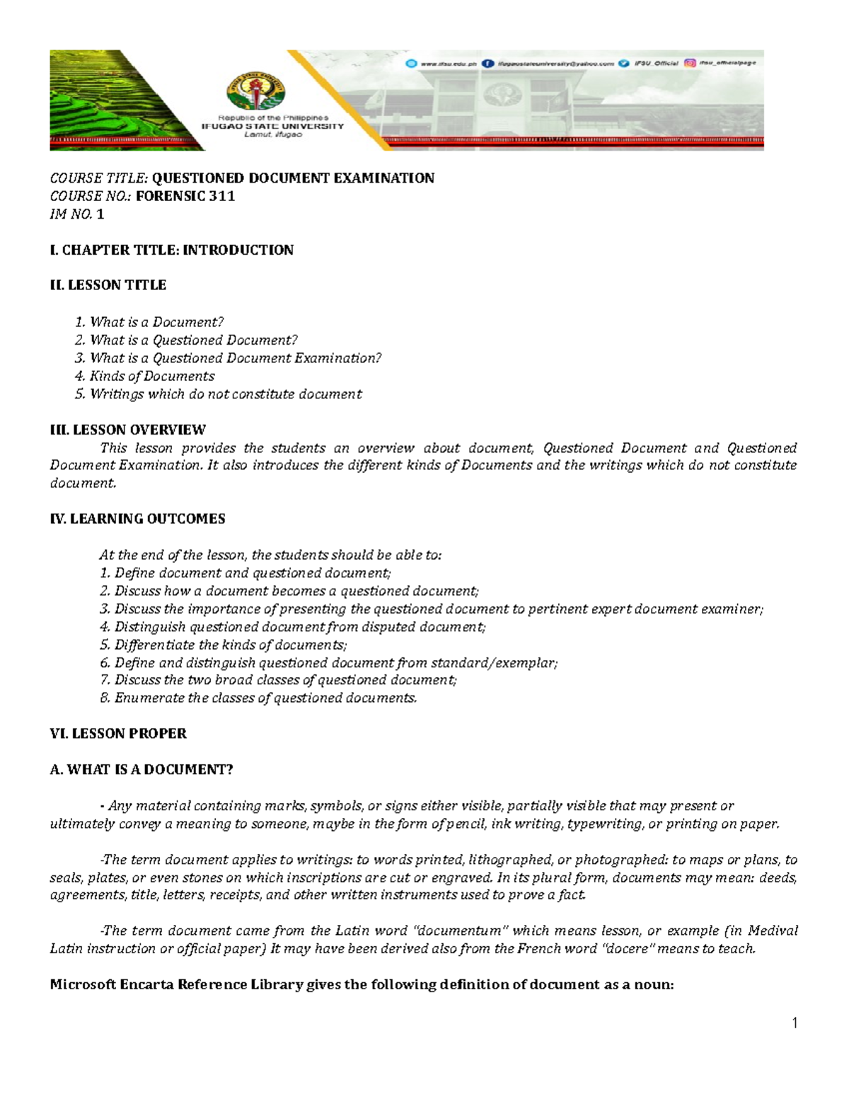 IM 1 MODULE QUESTIONED DOCUMENTS COURSE TITLE QUESTIONED DOCUMENT