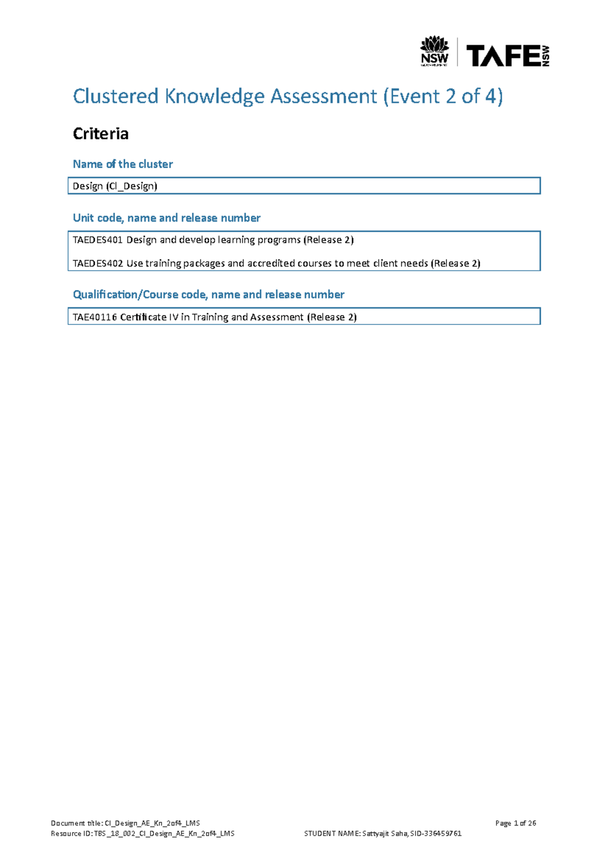 TAFE-TAE -Design AE Kn 2of4 LMS - Clustered Knowledge Assessment (Event ...