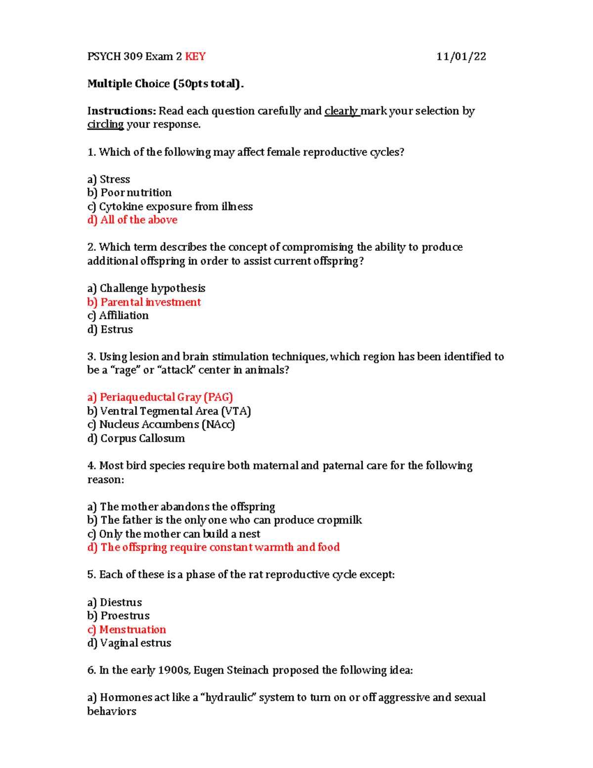 PSYCH 309 Exam 2 KEY - PSYCH 309 Exam 2 KEY 11/01/ Multiple Choice ...