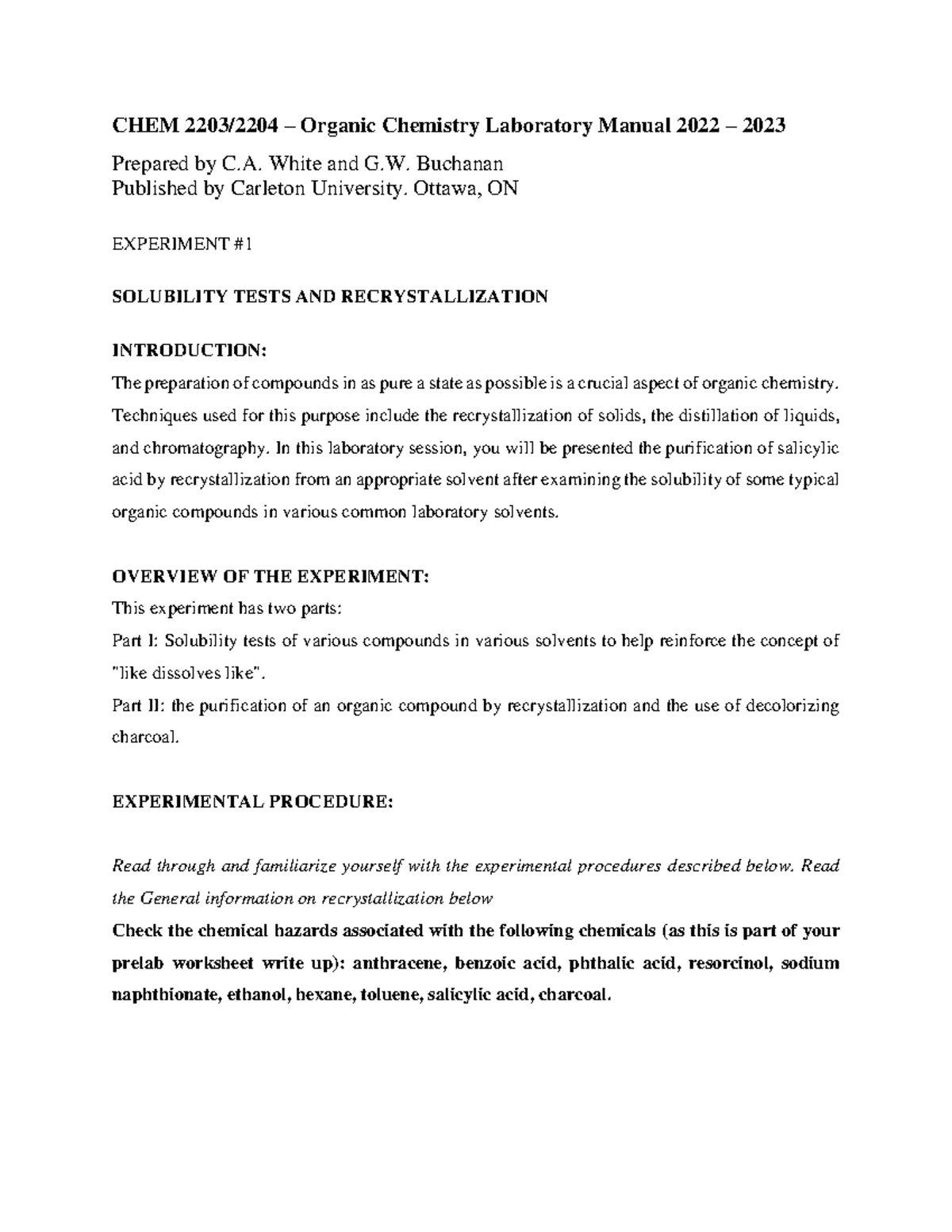 Lab manual Solubility 2022-2023 - CHEM 2203/2204 – Organic Chemistry ...