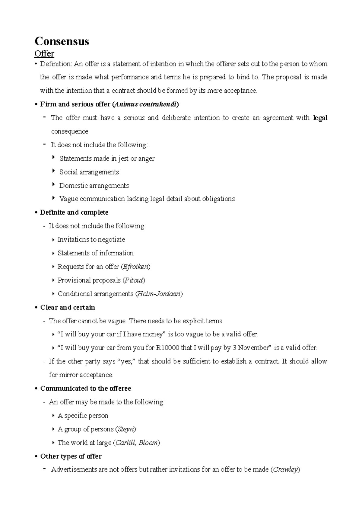 Contract Exam Notes - Consensus Offer Definition: An offer is a ...