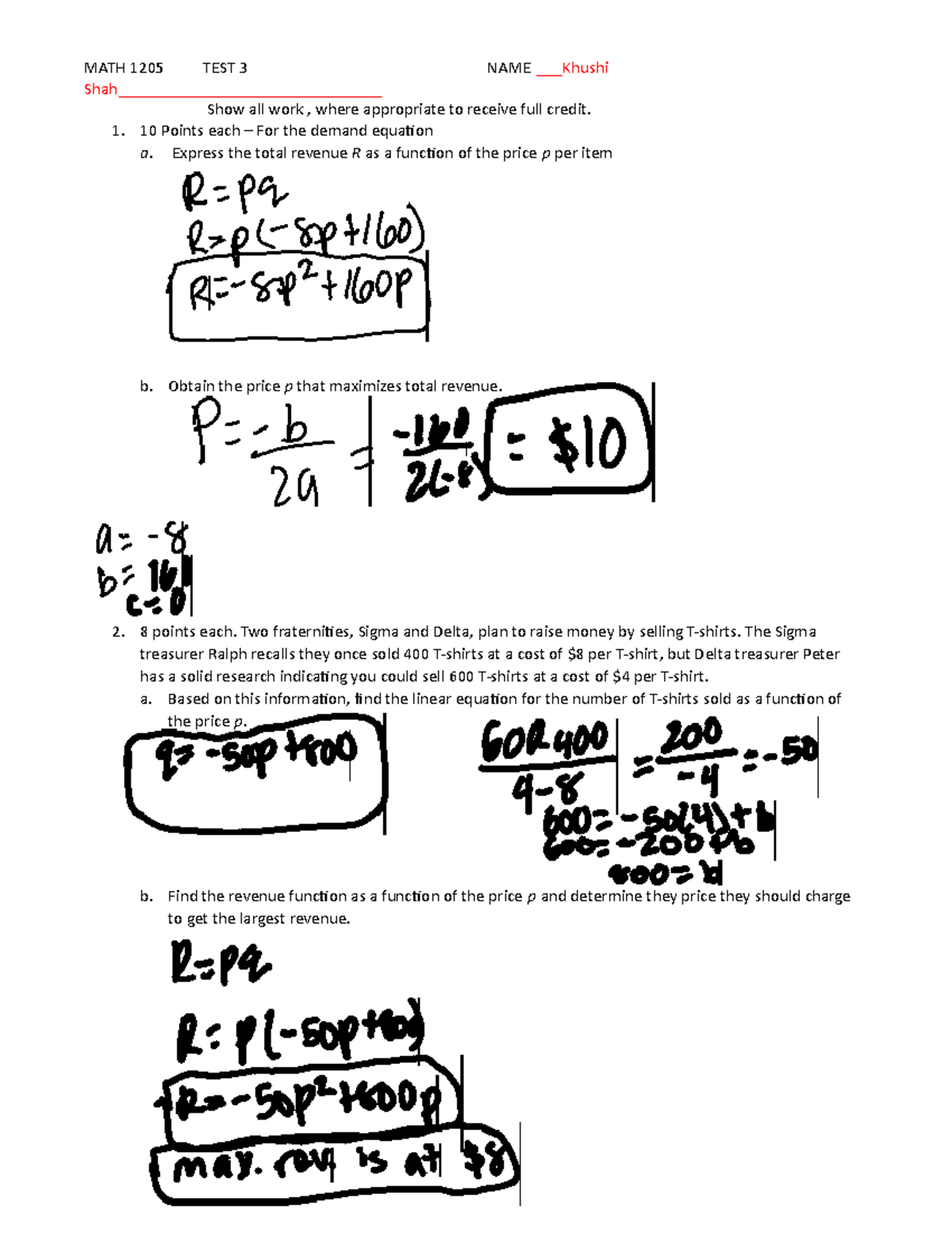 Math 1205 test 3 - Exam for chapter 3 - Shah ...